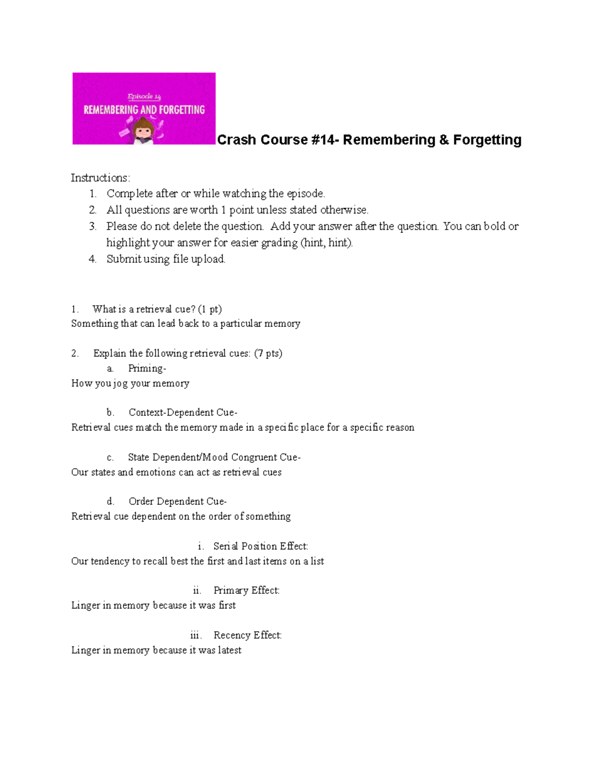 Psychology 101: Crash Course on Remembering & Forgetting (Ep. 14) - Studocu