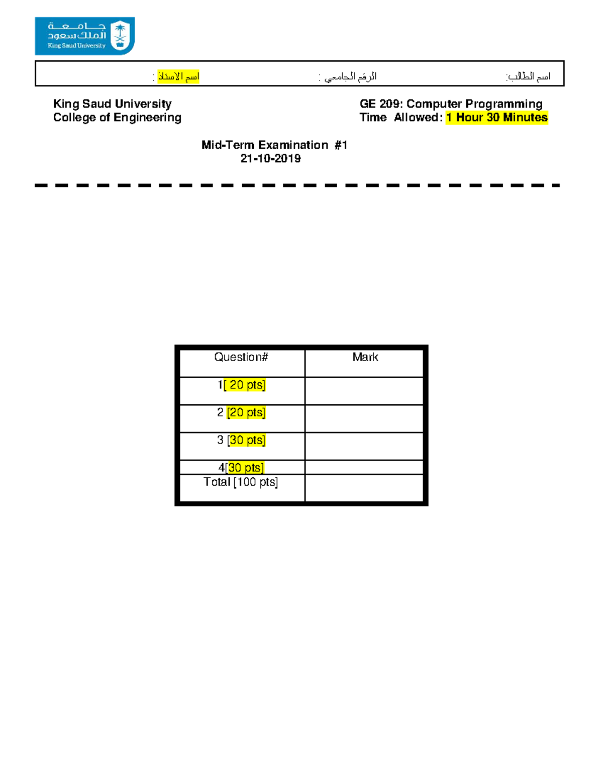 GE 209: Midterm Exam 2019 - Computer Programming Questions - Studocu