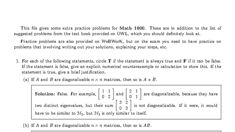 Math 1600 Extra Practice Problems and Solutions - Studocu