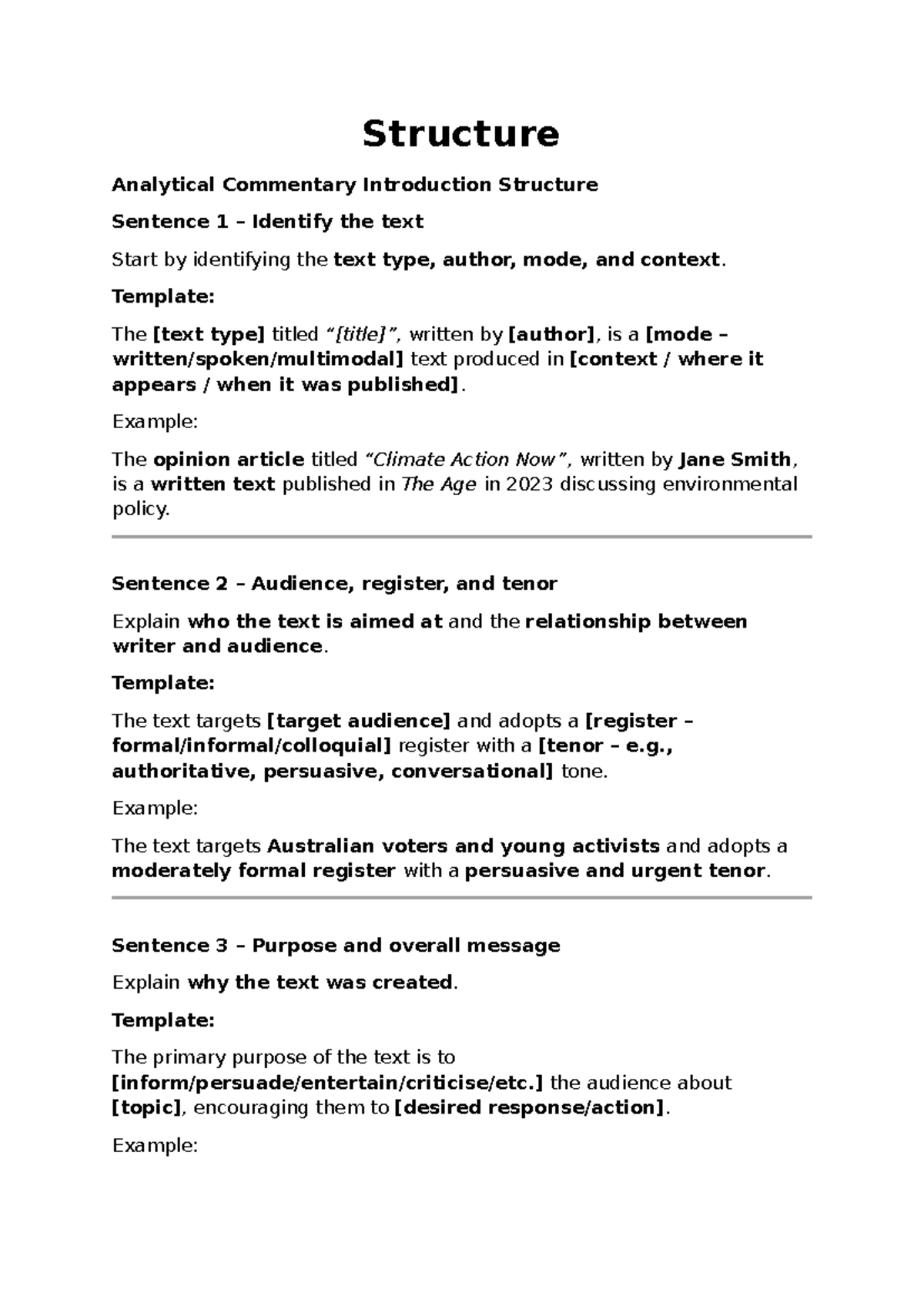 ENG101: Structure Analytical Commentary Guide - Studocu