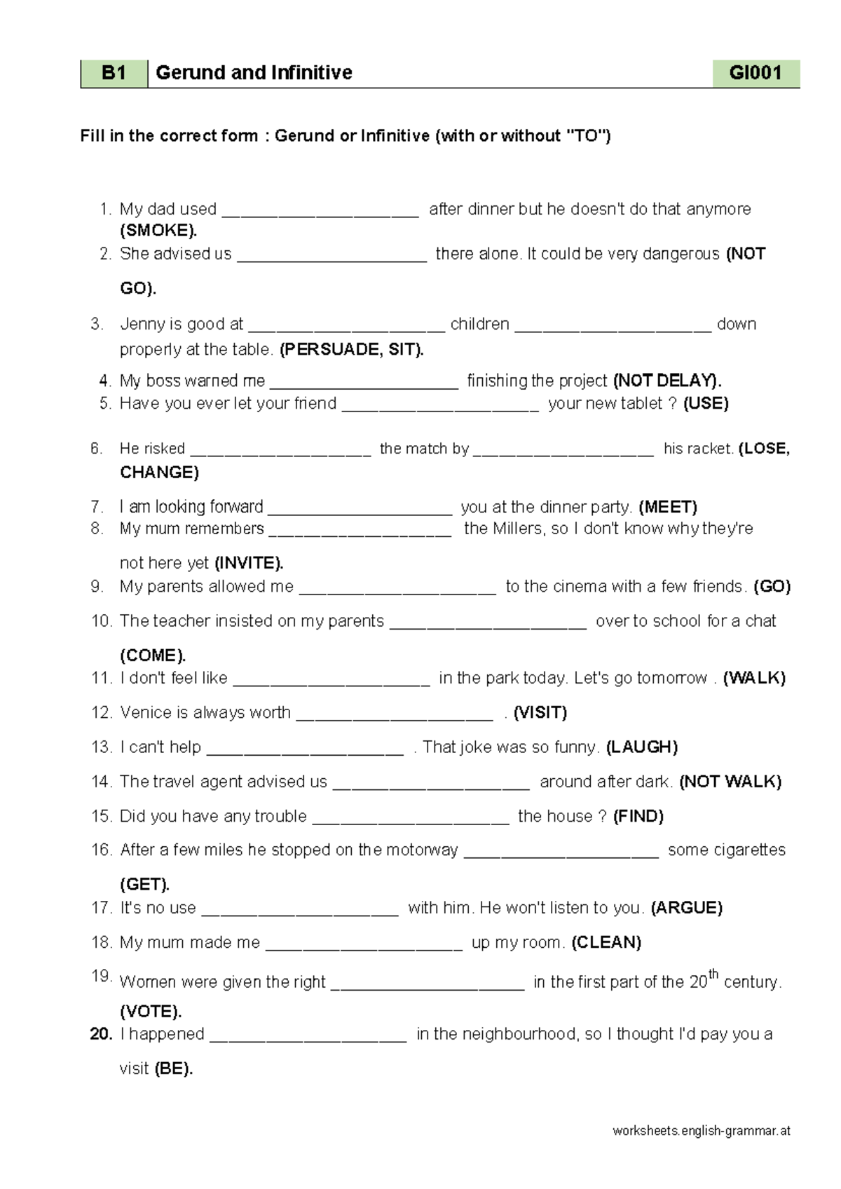 B1 Gerund and Infinitive GI001 Exercise: Fill in the Correct Form - Studocu