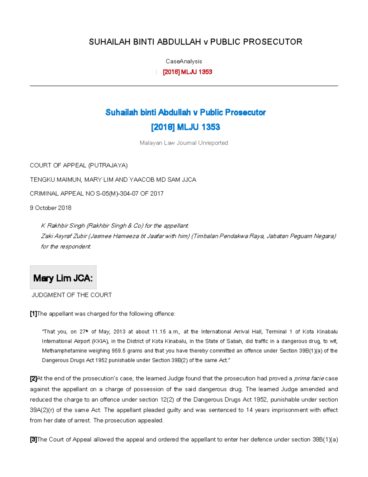 Suhailah binti Abdullah v Public Prosecutor: Case Analysis [2018] MLJU ...