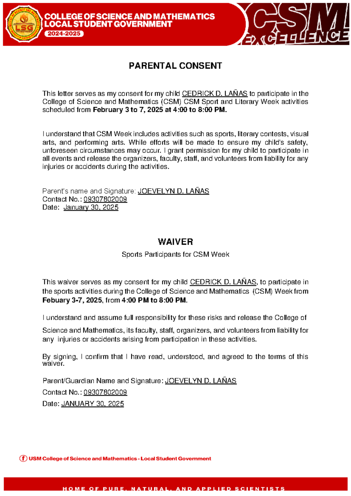 CSM Week 2025: Parental Consent and Sports Waiver Forms - Studocu