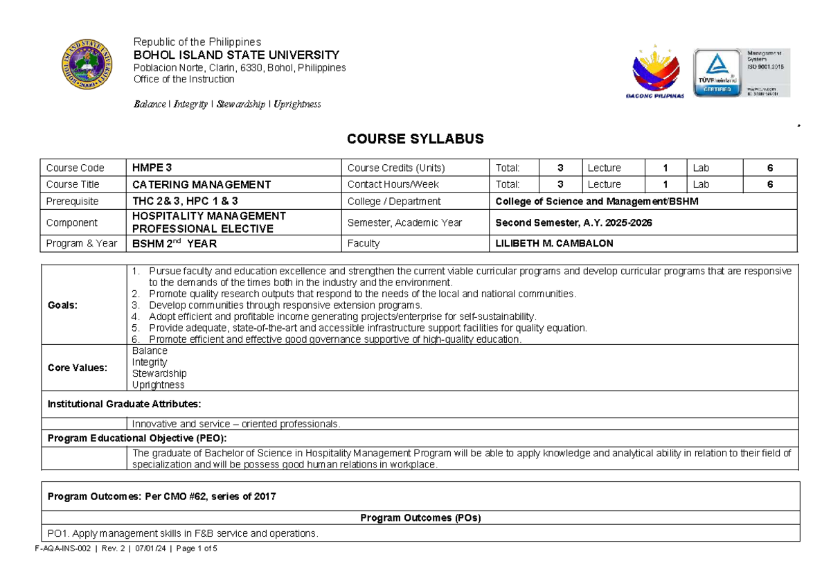 Catering Management Syllabus - HMPE 3 - BSHM 2nd Year - Studocu