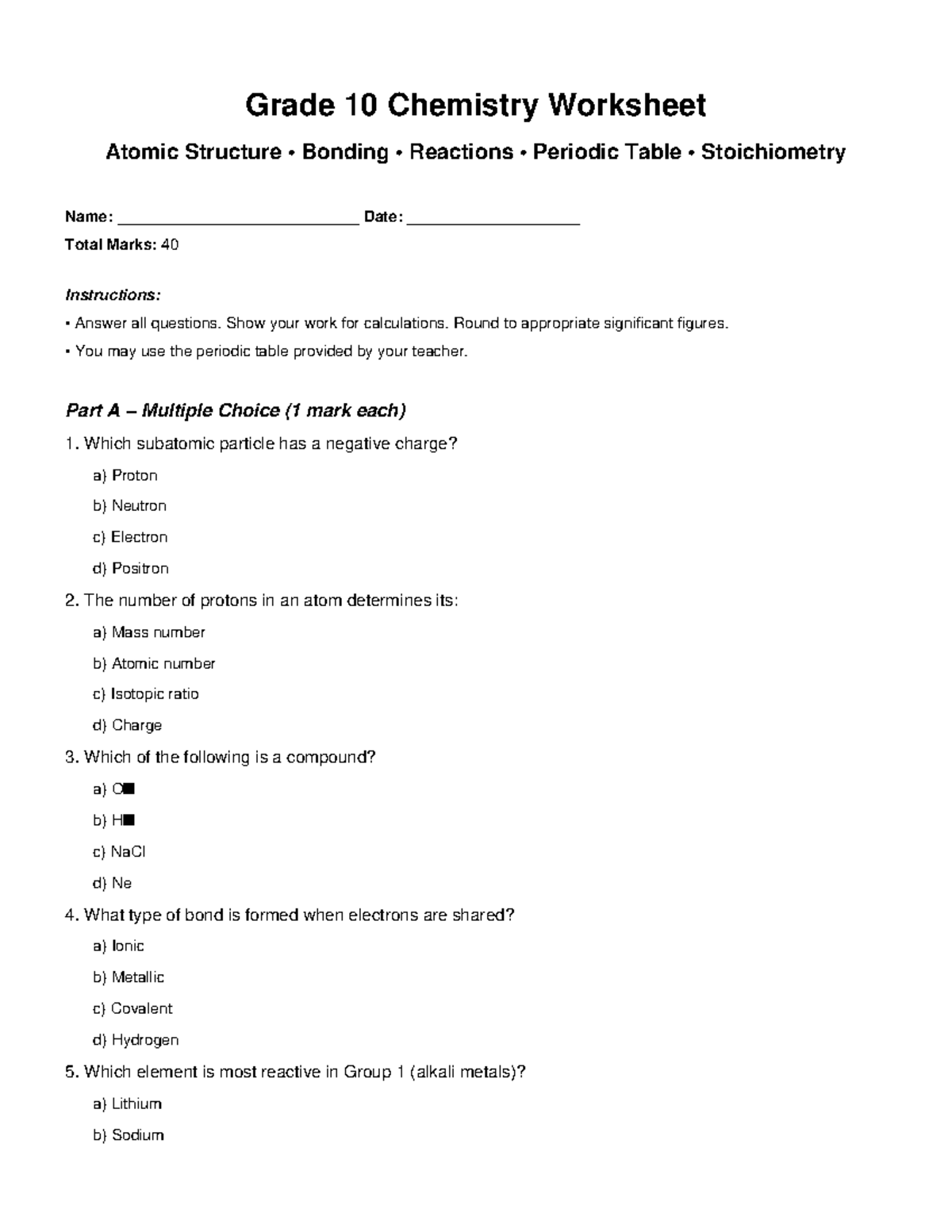 Grade 10 Chemistry Worksheet: Atomic Structure & Bonding 20Q - Studocu