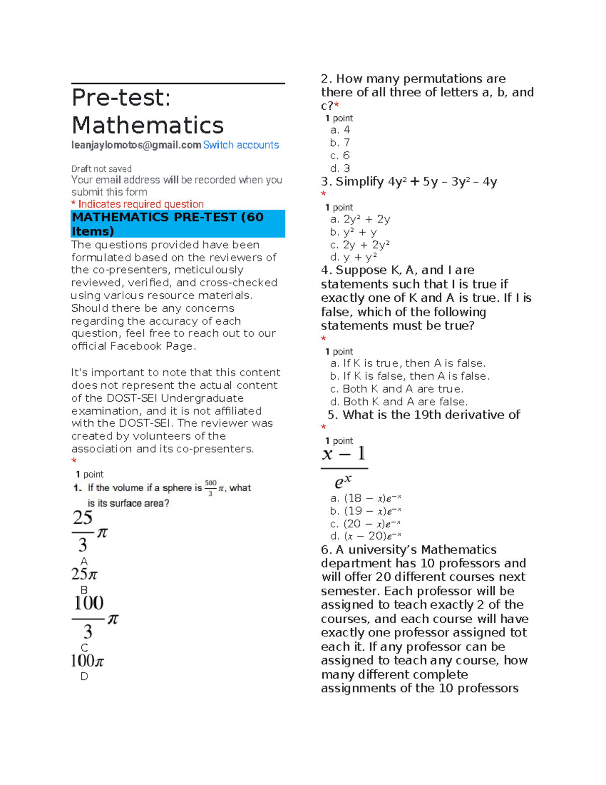 DOST MATH Pre-Test Reviewer: Key Topics and Practice Questions - Studocu