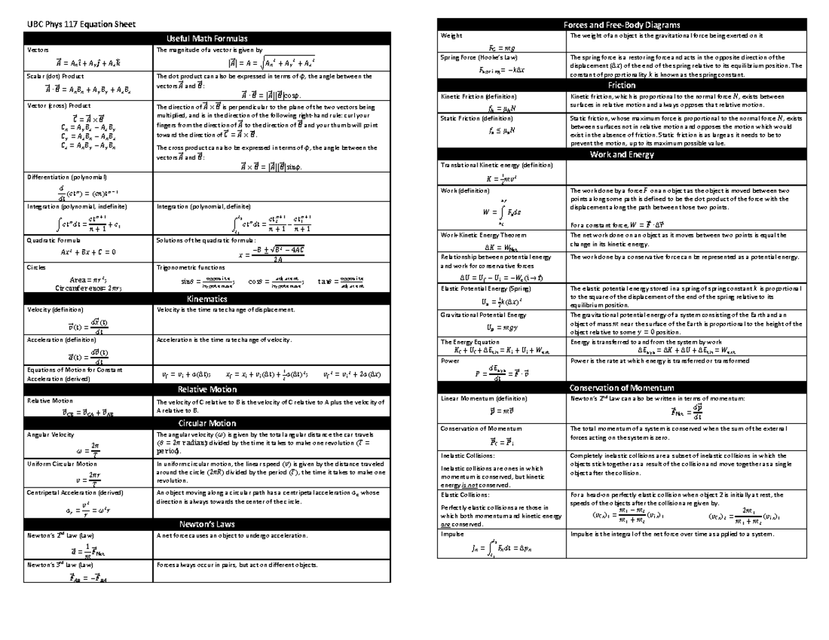 Phys 117 - Useful Equation Sheet for Midterm Exam (Version 1) - Studocu