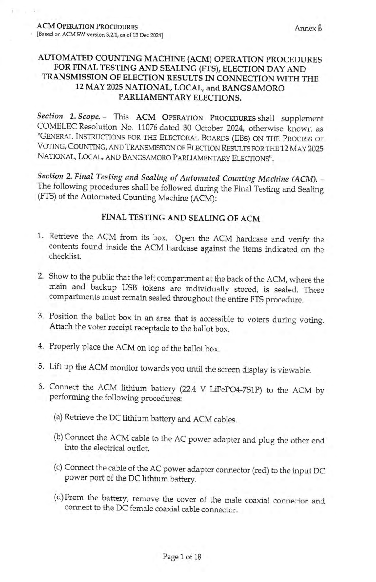ACM Operation Procedures: Final Testing & Sealing for 12 May 2025 ...
