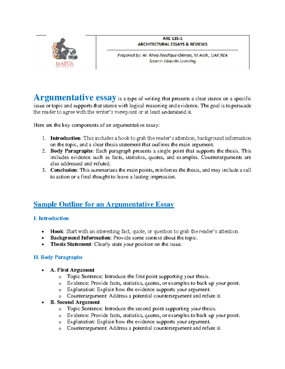 Argumentative & Persuasive Essay Guide (ENG 101) - Studocu