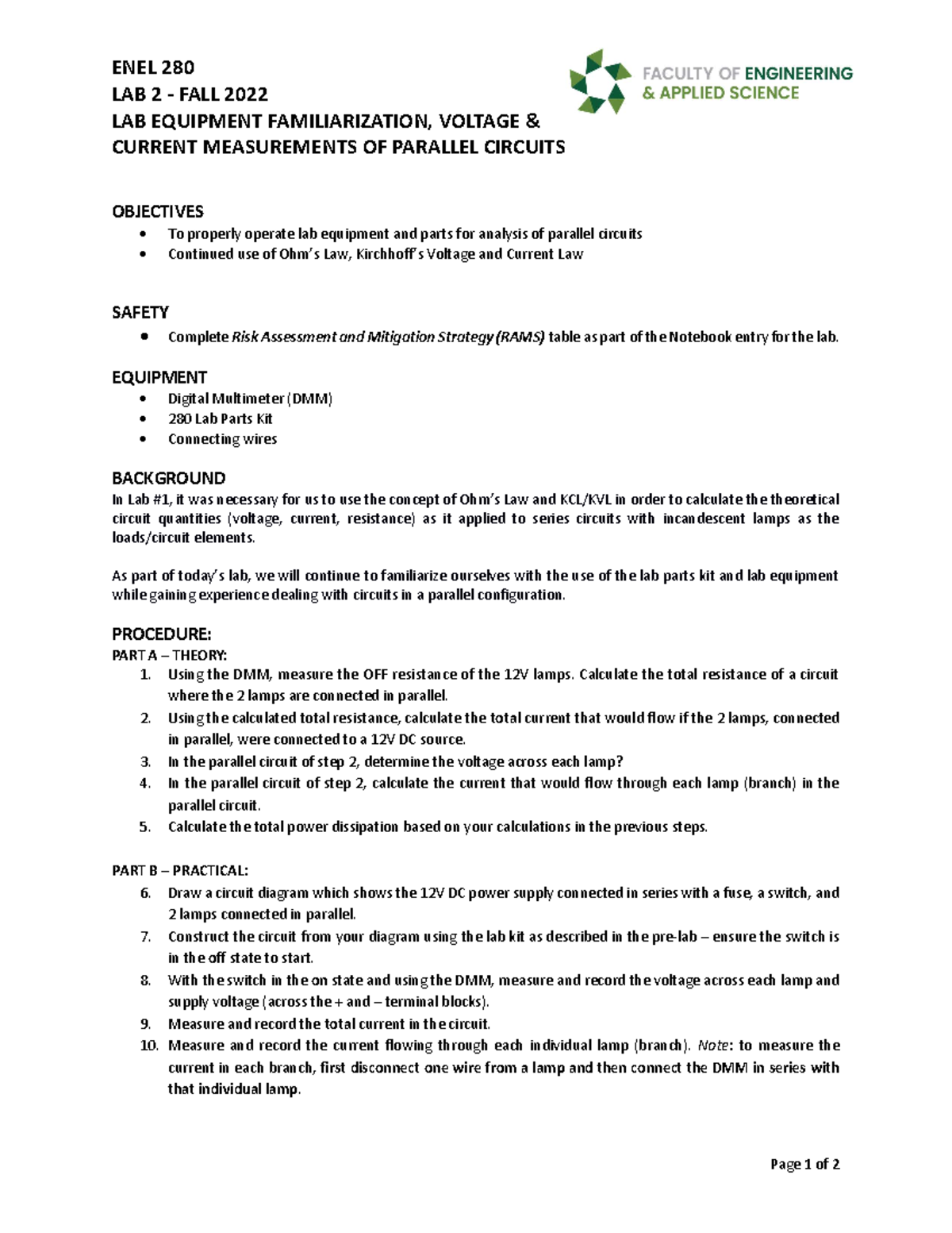 ENEL 280 Lab 2 - Lab 2 Outline - ENEL 280 LAB 2 - FALL 2022 LAB EQUIPMENT FAMILIARIZATION ...