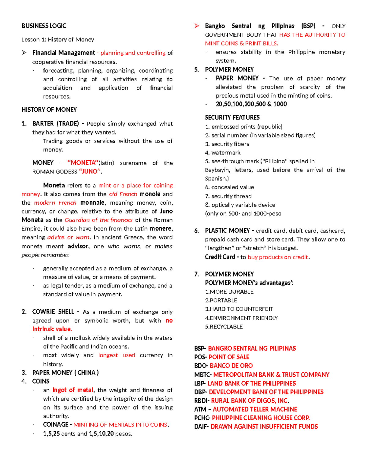 BUSLOGIC 1st Quarter Reviewer: History of Money & Financial Management ...