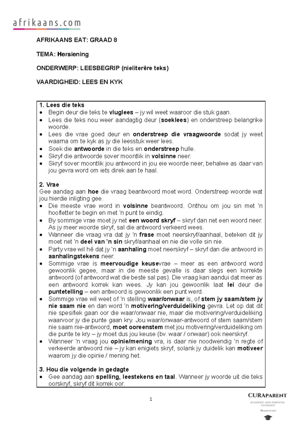 Afrikaans EAT: Graad 8 Hersiening - Leesbegrip en Vrae Oorsig - Studocu