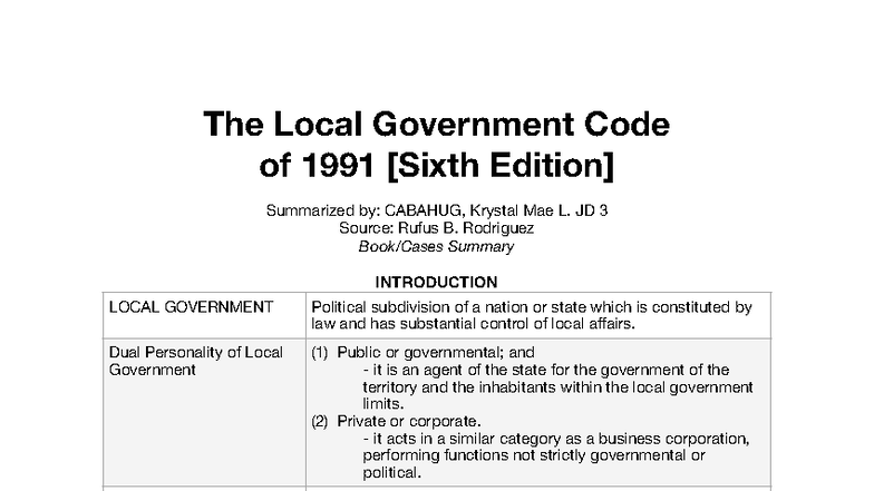LGC 1991: Comprehensive Summary of Local Government Code - Studocu