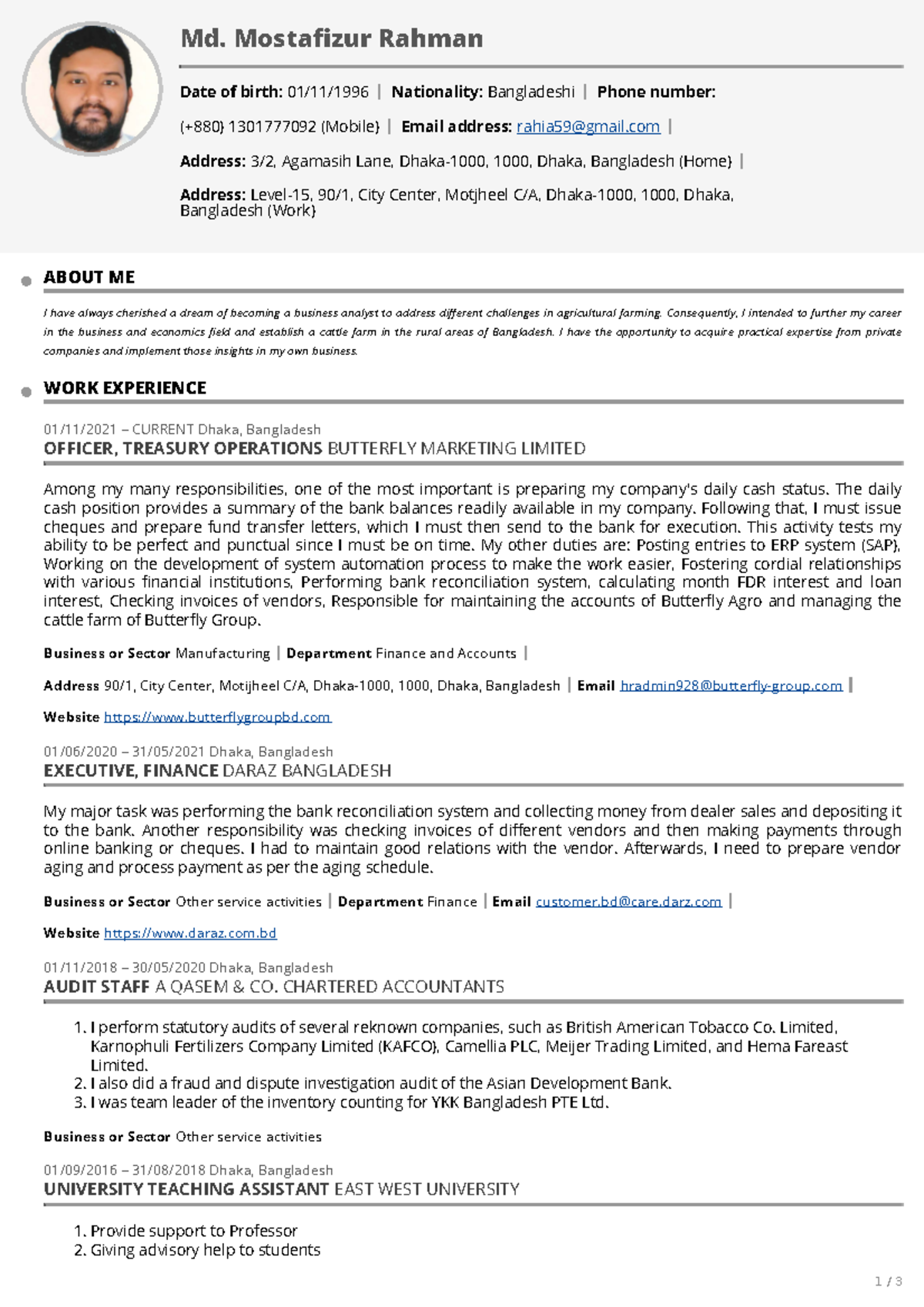 CV of Rahman - Europass CV Format - Md. Mostafizur Rahman Date of birth: 01/11/1996 Nationality ...