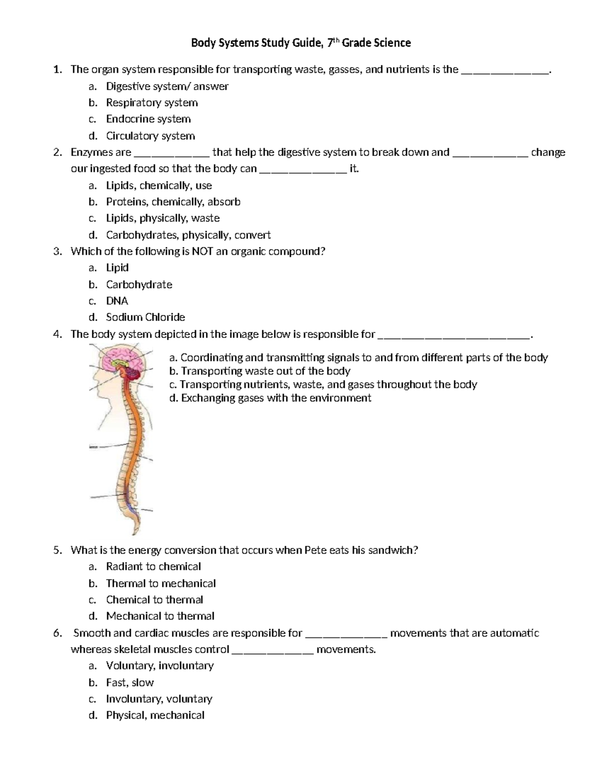 Body Systems Exam Study Guide, 7th Grade Science - Studocu