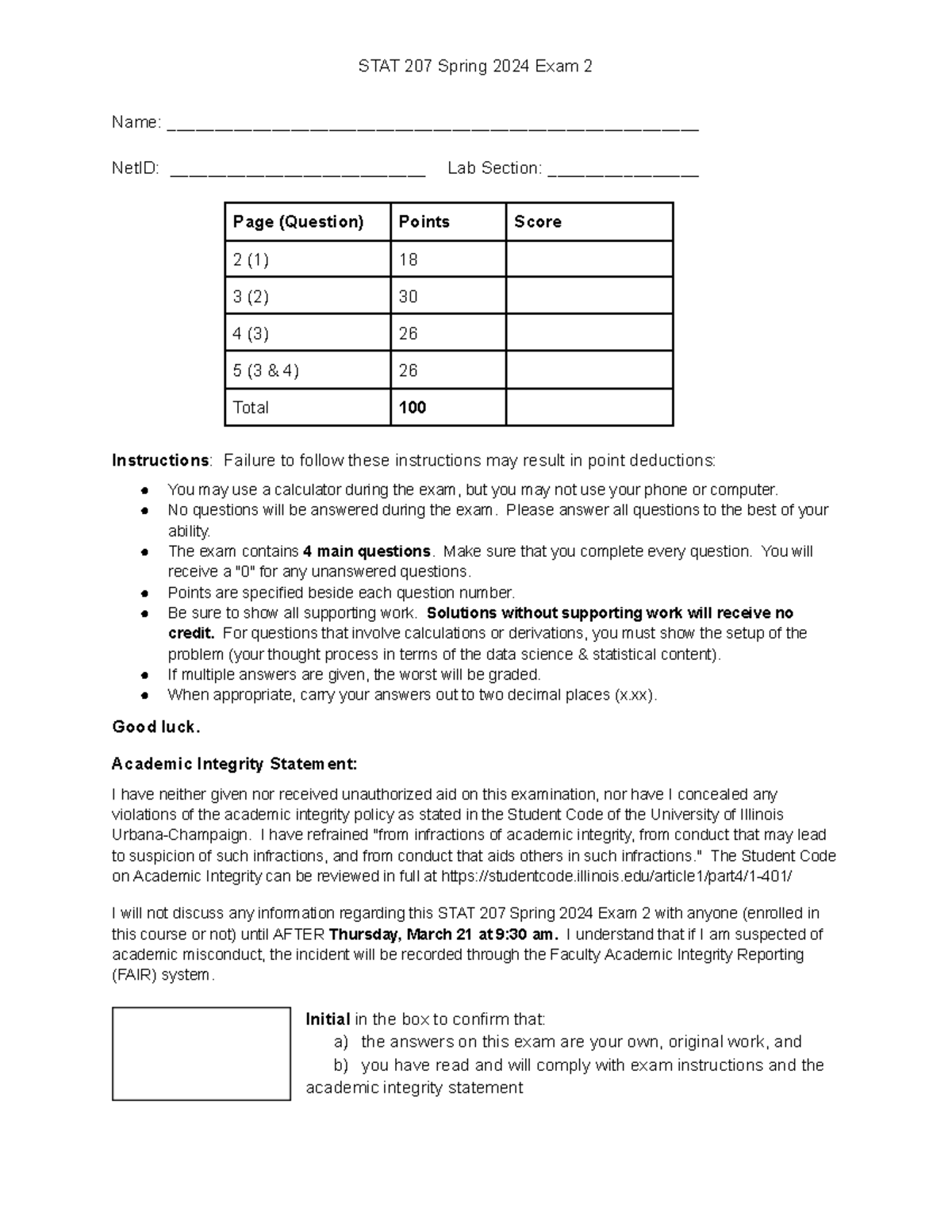STAT 207 Spring 2024 Exam 2: Comprehensive Assessment Guide - Studocu