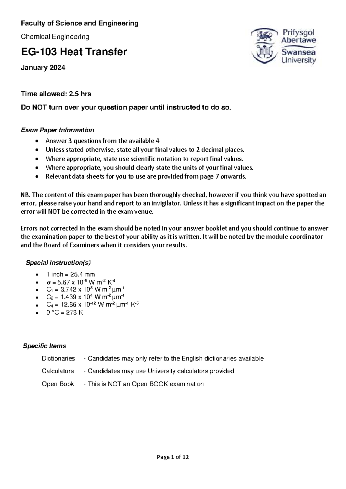 EG-103 Heat Transfer Exam Paper - January 2024 Practice Test - Studocu