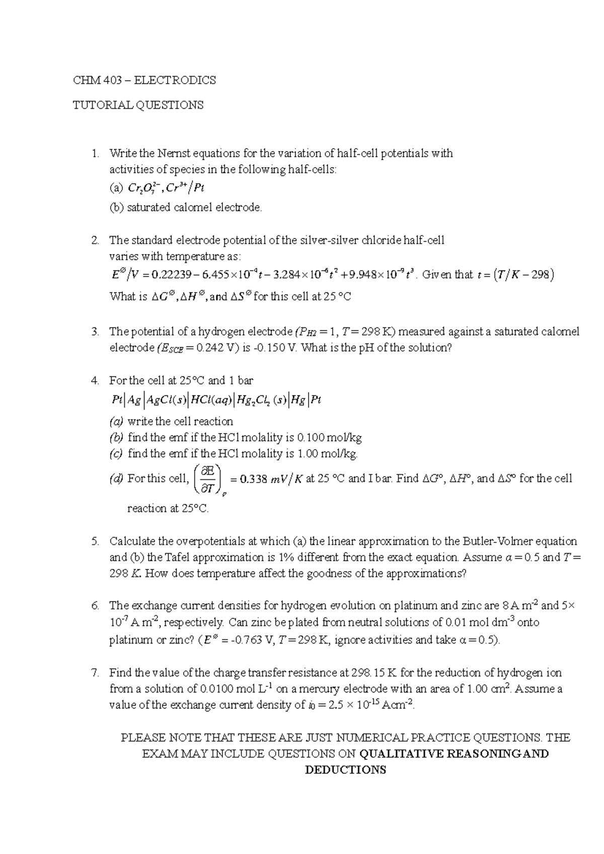 CHM 403 Electrodics Practice Questions and Tutorial Exercises - Studocu