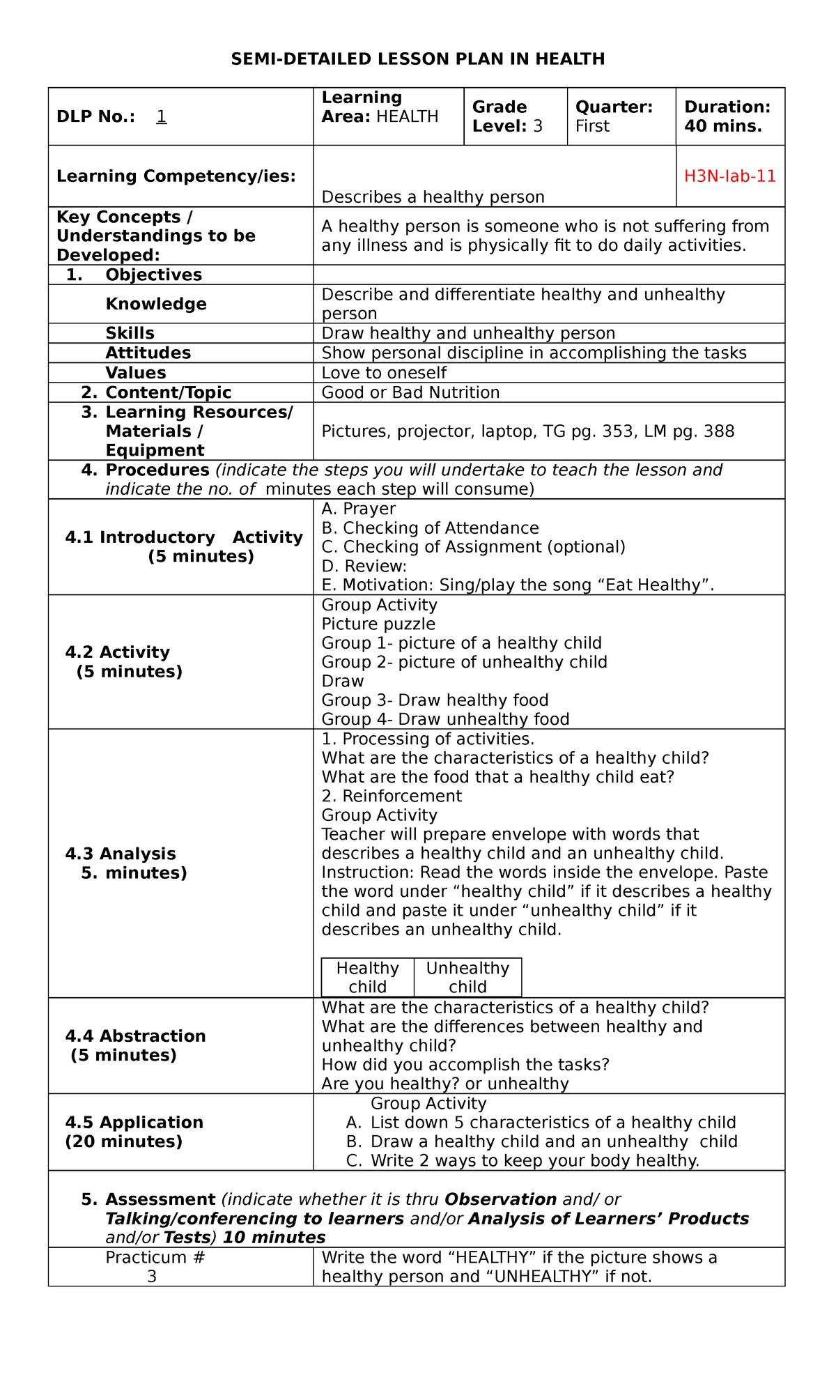 H3N - Semi-Detailed Lesson Plan: Healthy Lifestyle & Nutrition ...
