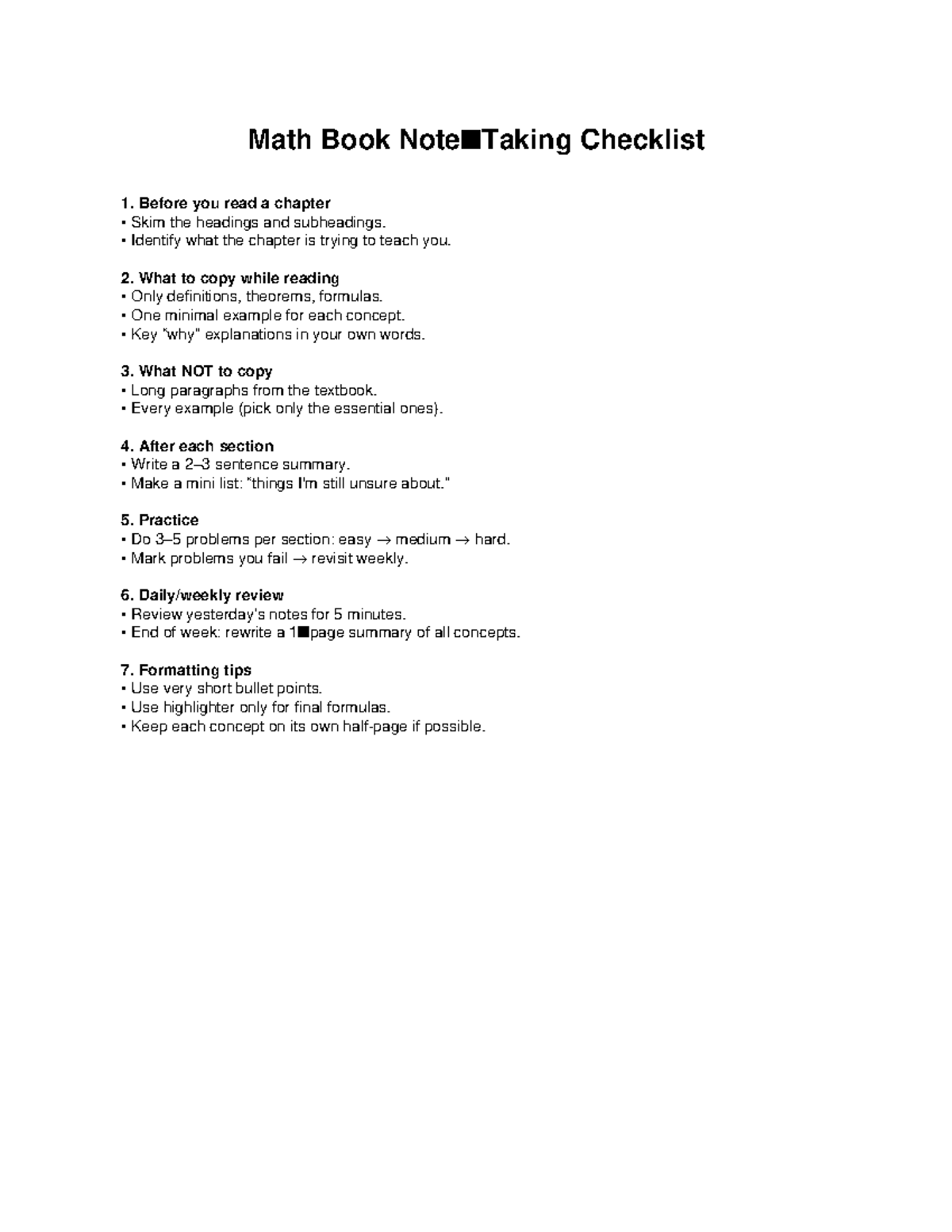 Math Note Taking Checklist: Effective Strategies for Success - Studocu