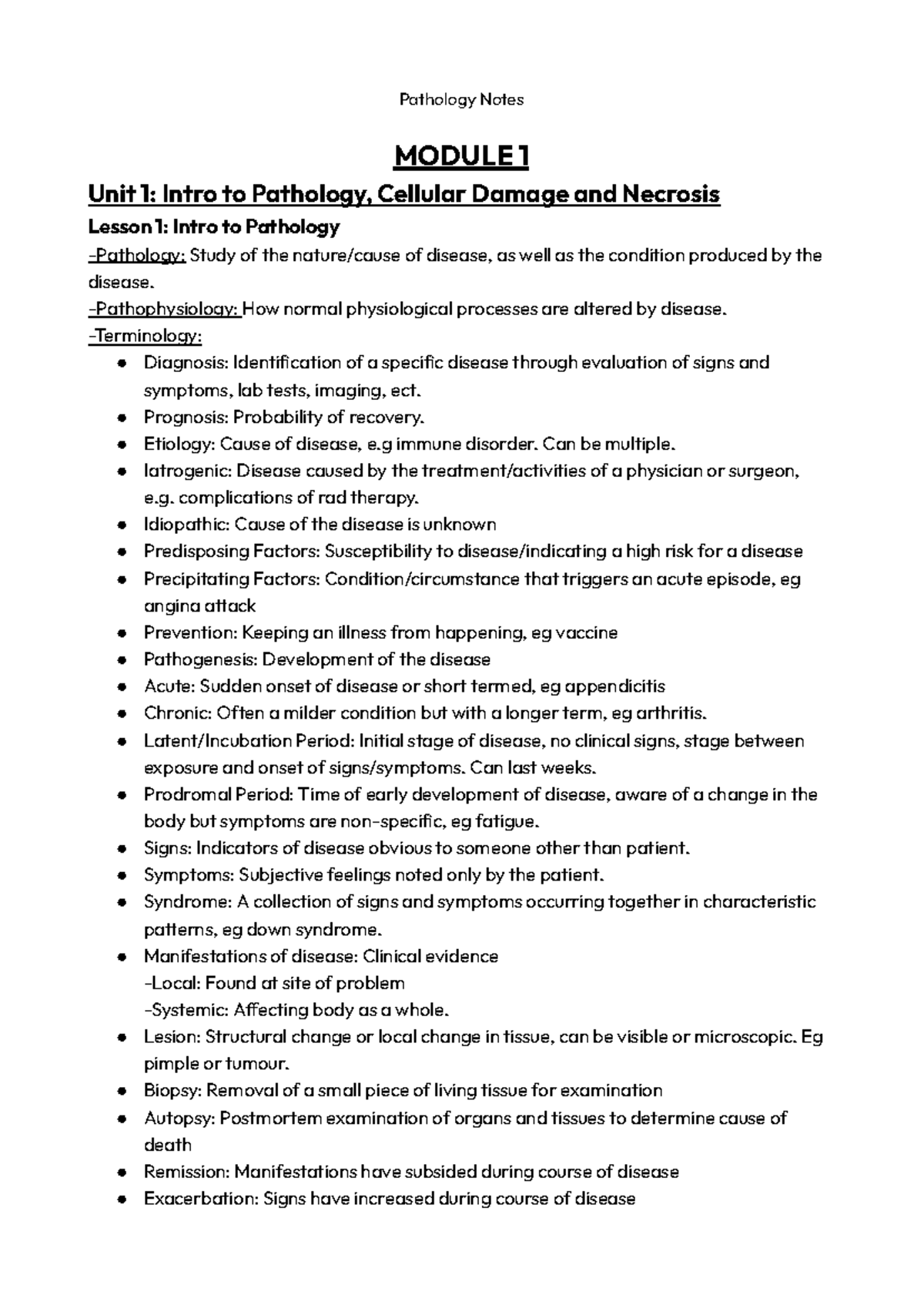 Pathology notes MODULE 1: Intro to pathology and cellular damage - Studocu