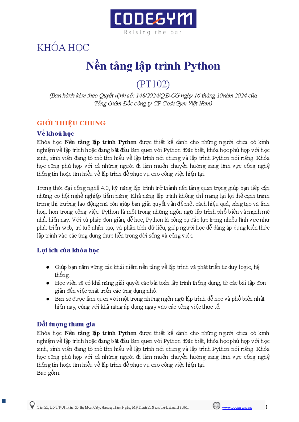 [PT102] Product note - Nền tảng lập trình Python - KHÓA HỌC Nền tảng lập trình Python (PT102 ...