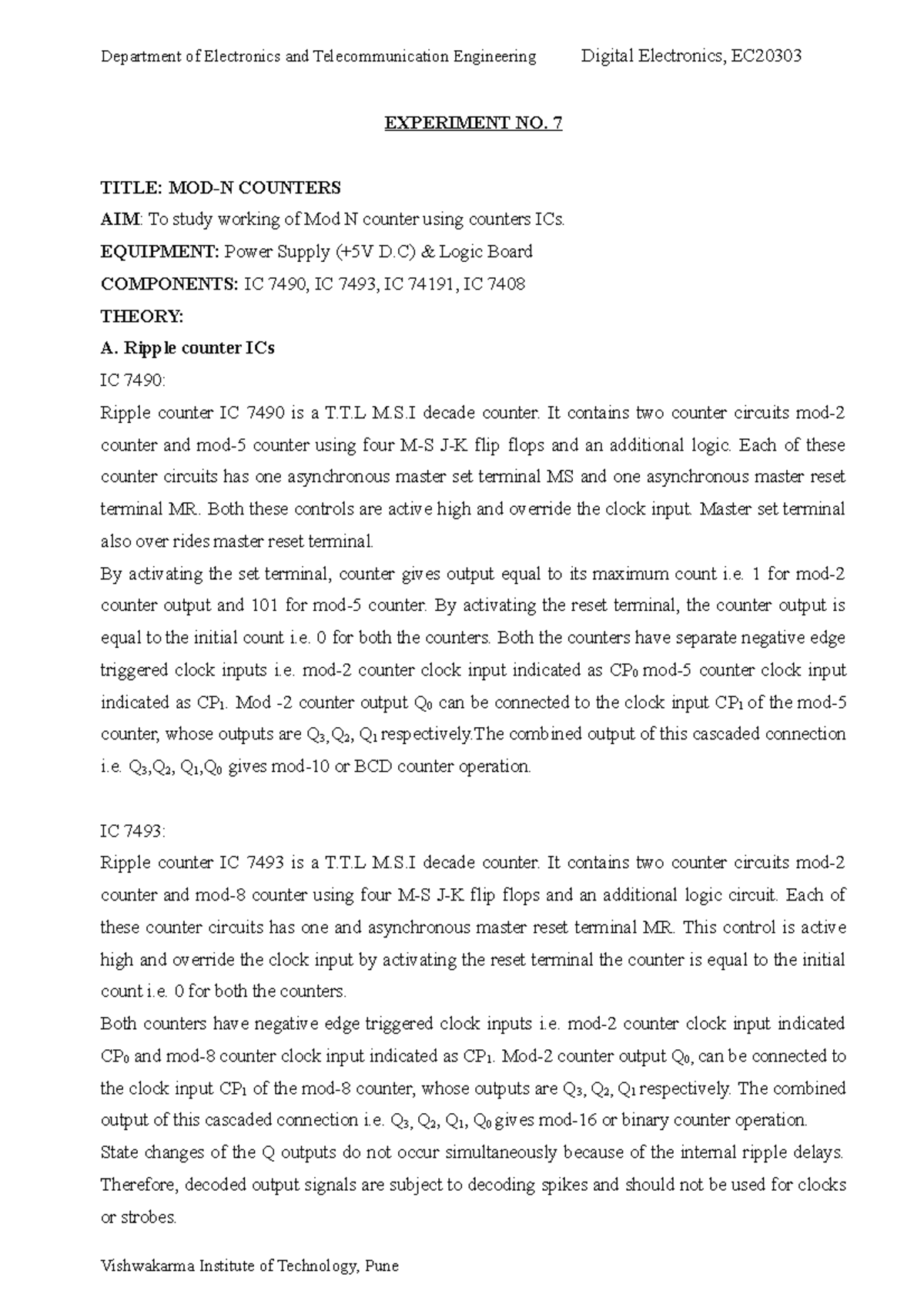 DS Exp 7: Practical Study on Mod-N Counters using IC 7490 & IC 7493 ...