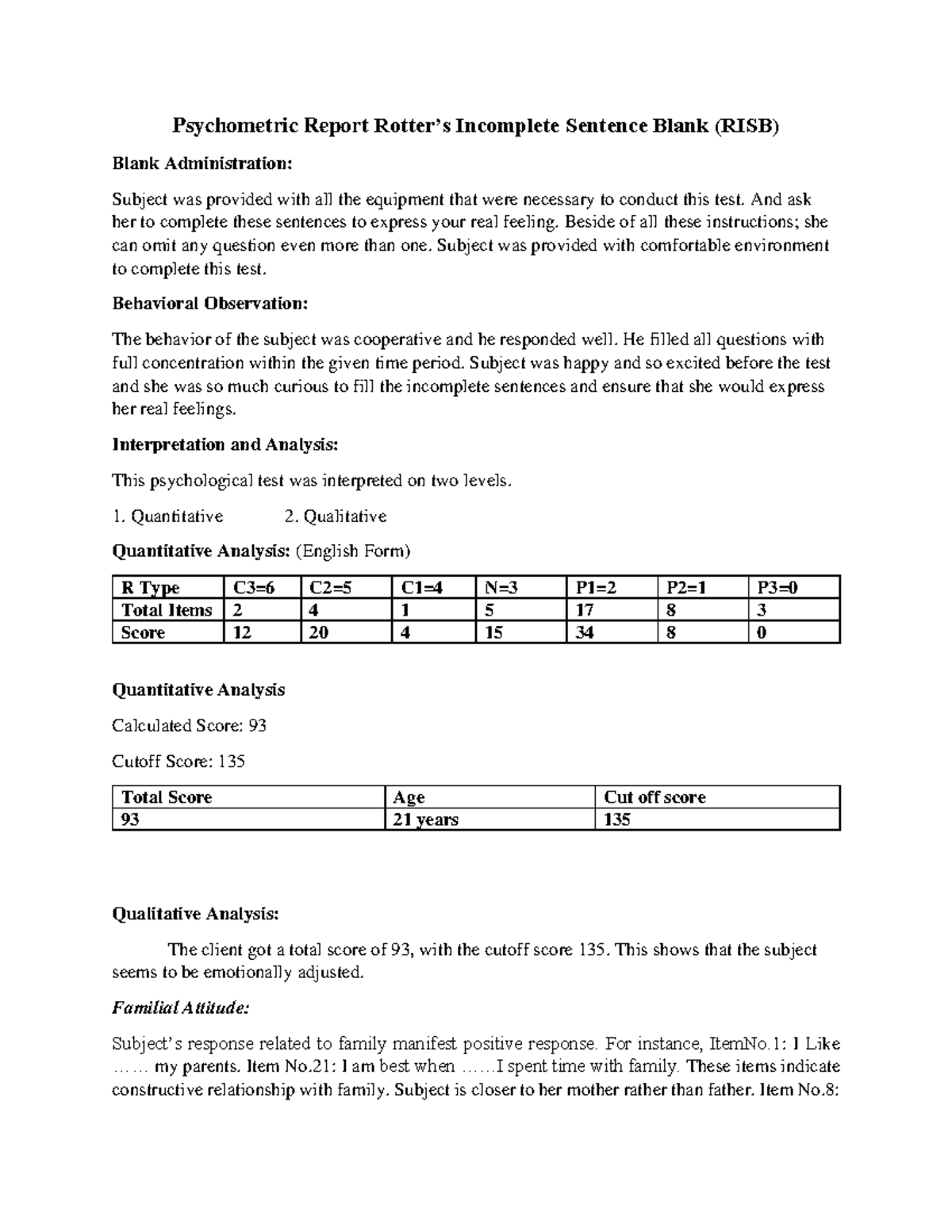 RISB Psychometric Report: Analysis & Interpretation of Results - Studocu