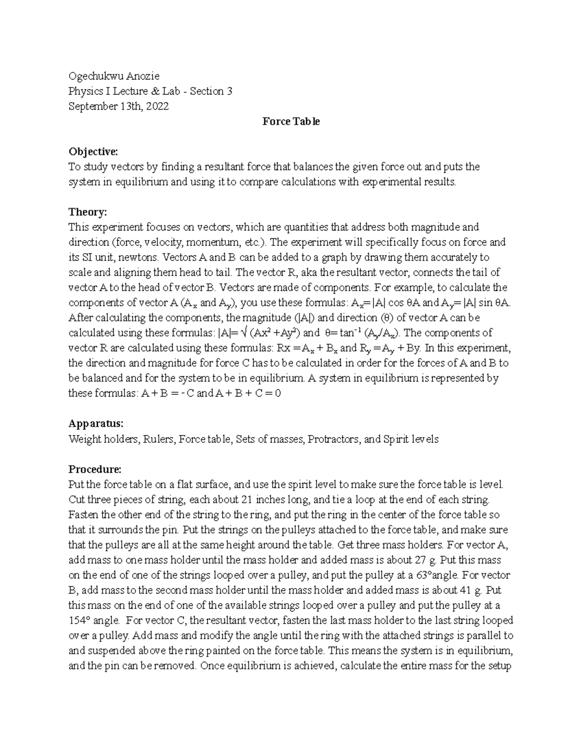 Physics I Lab Experiment 2 Force Table - Ogechukwu Anozie Physics I Lecture & Lab - Section 3 ...