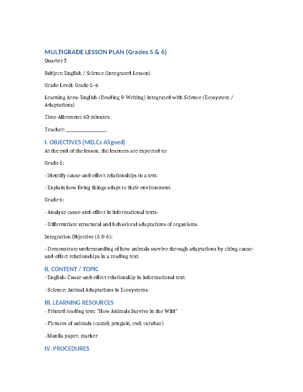 MULTIGRADE LESSON PLAN (Grades 5-6) Q2: English & Science Integration ...