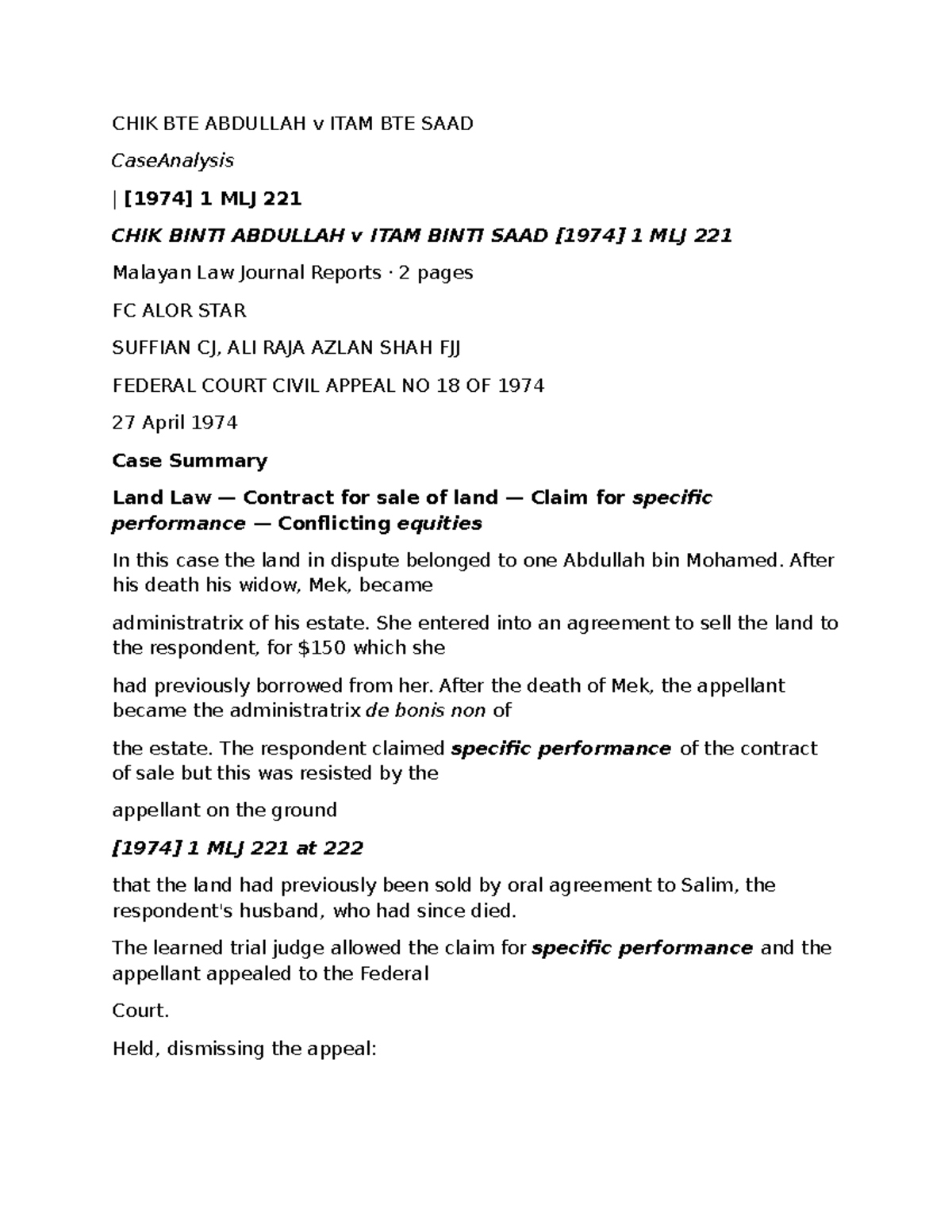 Equity Specific Performance Case Analysis: CHIK BTE ABDULLAH v ITAM BTE ...