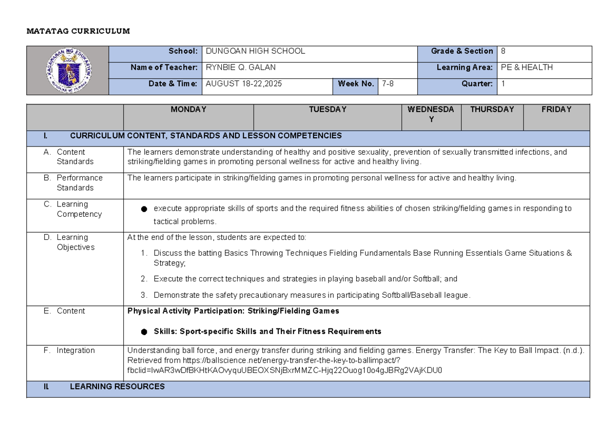 Q1 DLL PE Health 8: Week 7-8 Lesson Plan and Activities - Studocu