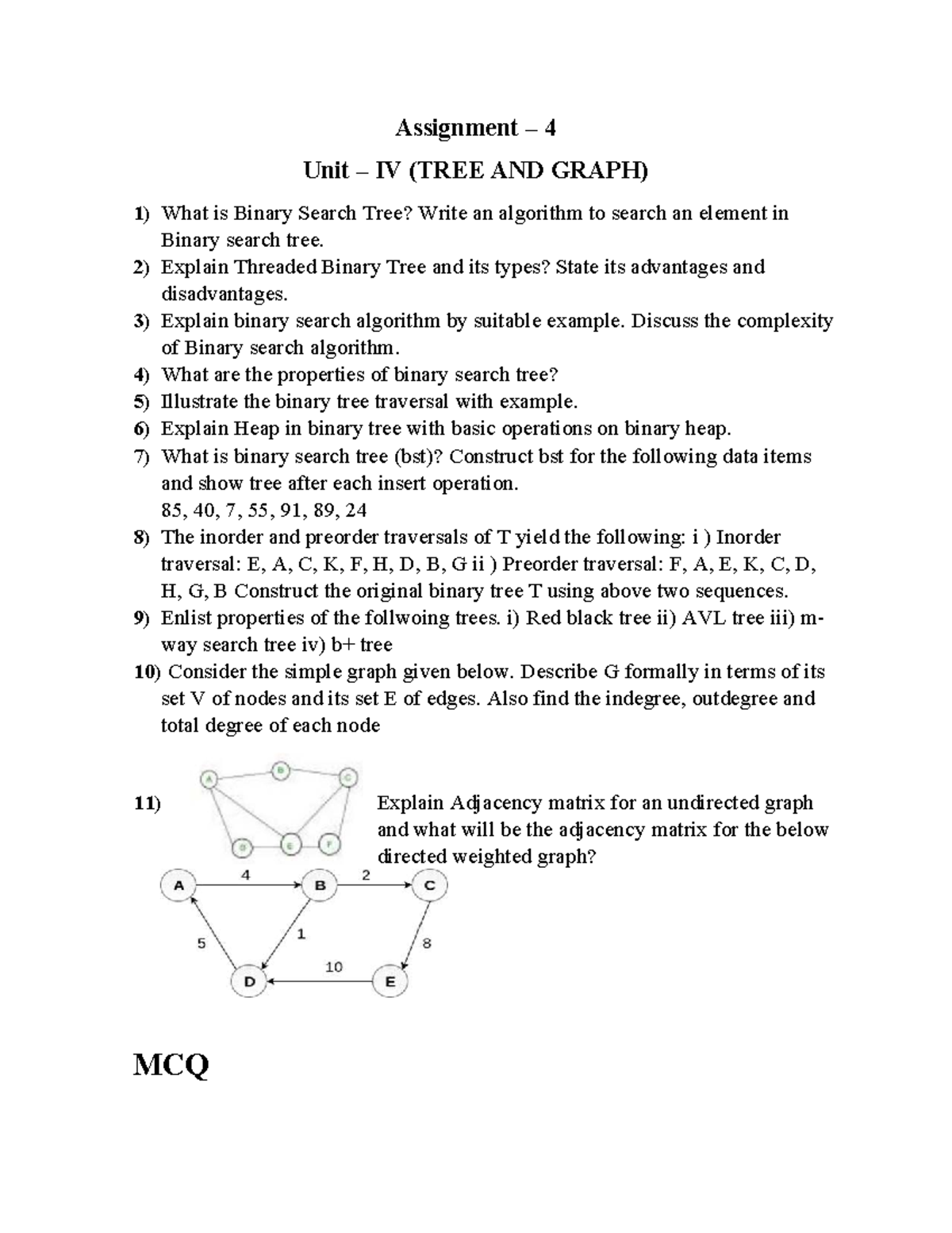 DS Assignment 4: Trees and Graphs Concepts and Algorithms - Studocu