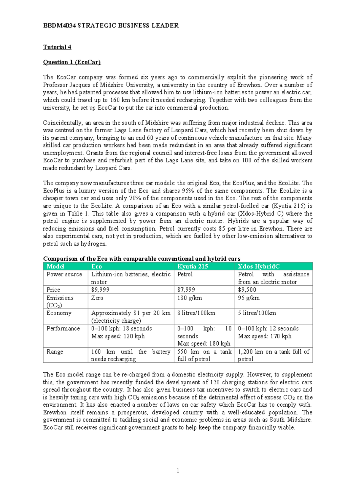 SBL T4 - Analysis of Case Study Questions on EcoCar and Independent ...