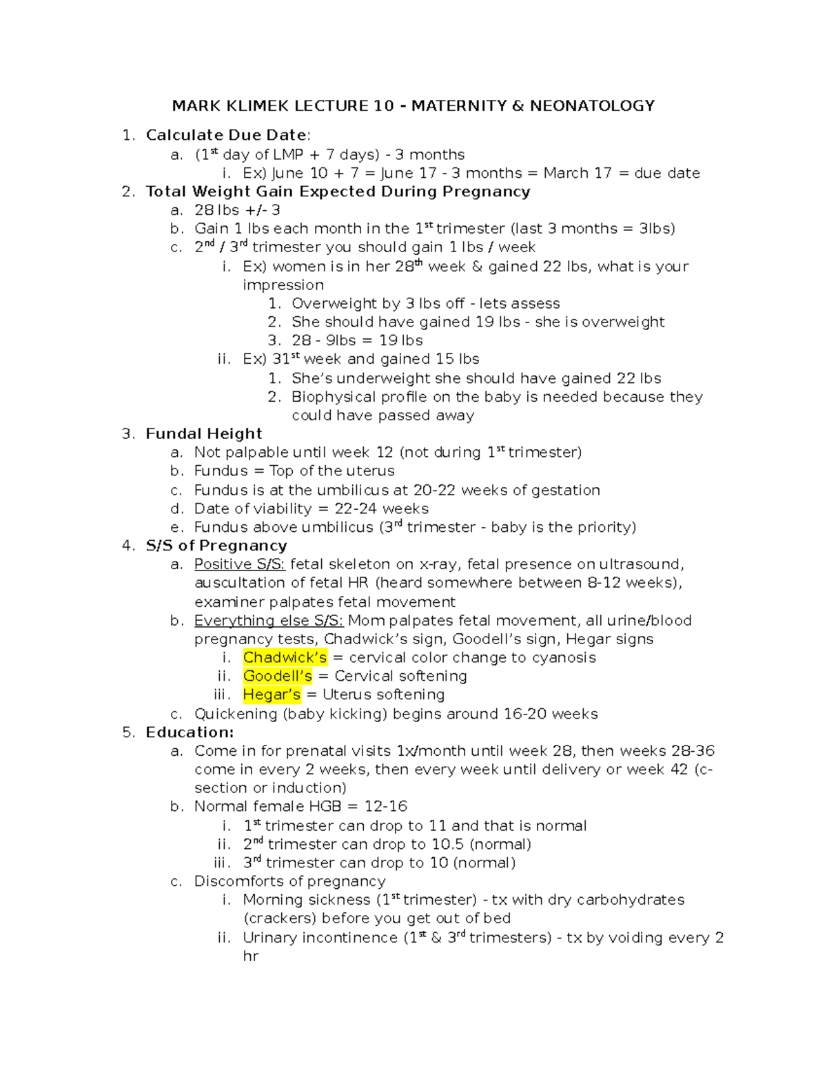 MARK Klimek Lecture 10 - Maternity & Neonatology Essentials - Studocu