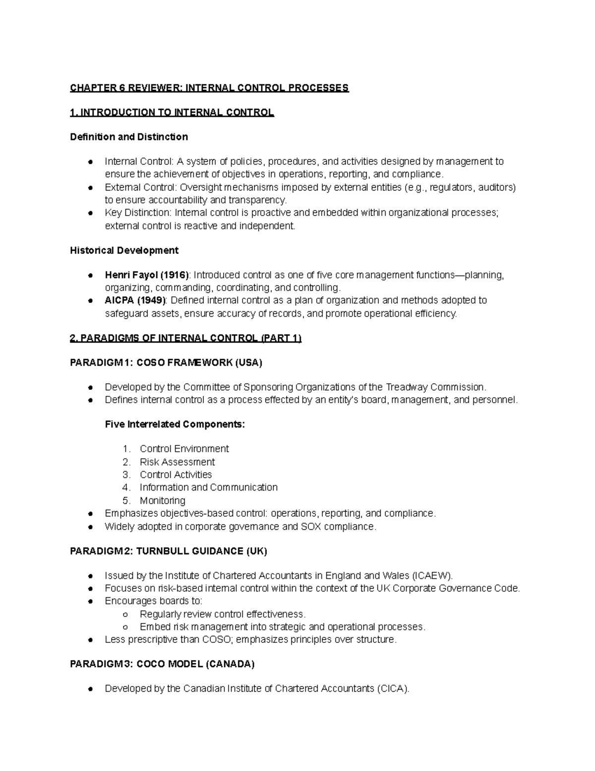CHAPTER 6 REVIEWER: INTERNAL CONTROL PROCESSES - Studocu