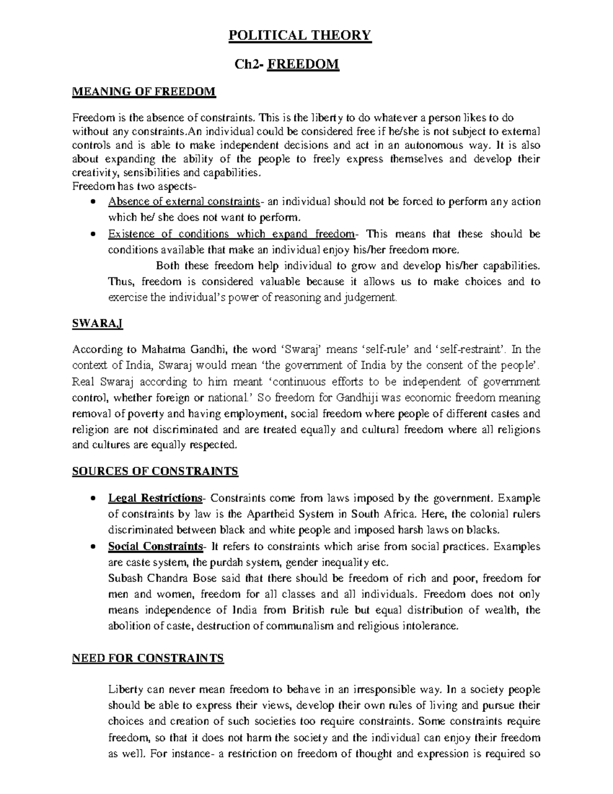 11 POLITICAL SCIENCE - FREEDOM: MEANING & CONSTRAINTS NOTES - Studocu