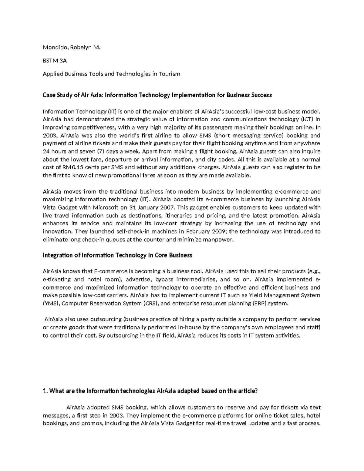 BSTM 3A Case Study: AirAsia's IT Implementation for Business Success ...