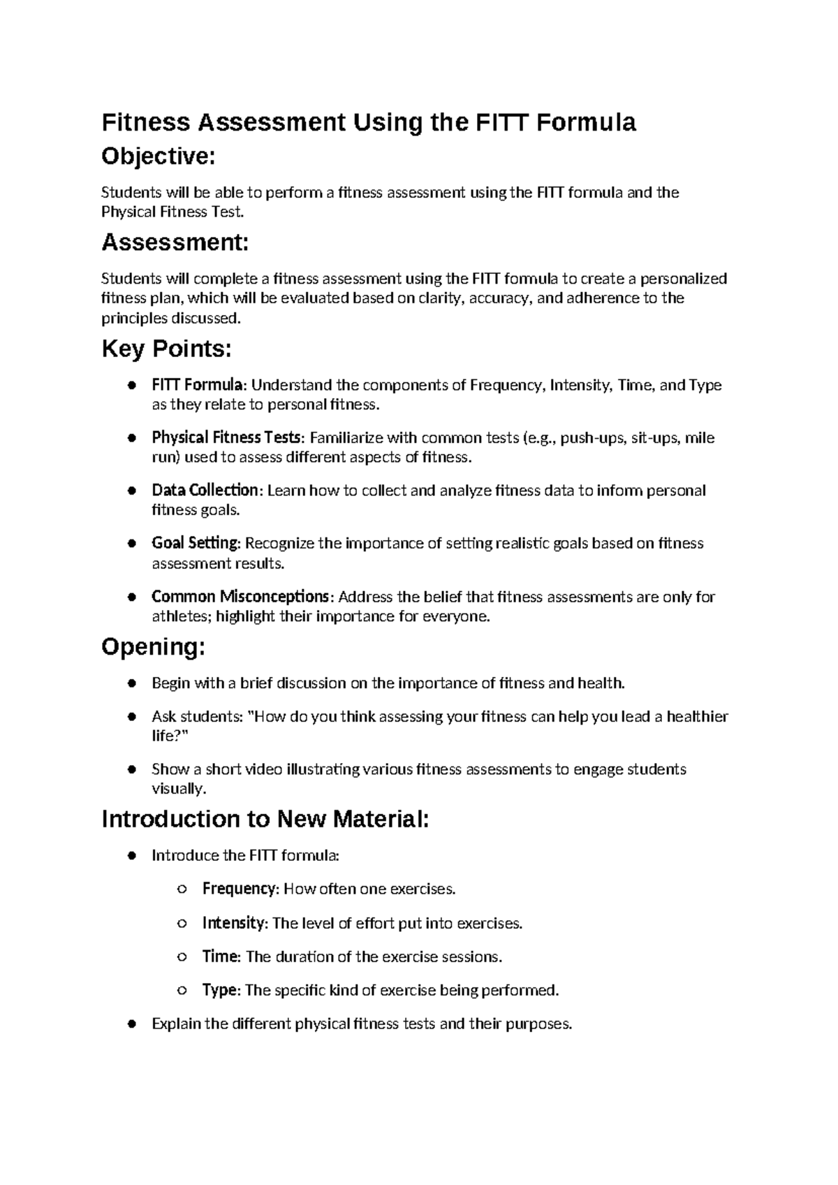 11th Grade Fitness Assessment Plan - Fitness Assessment Using the FITT ...
