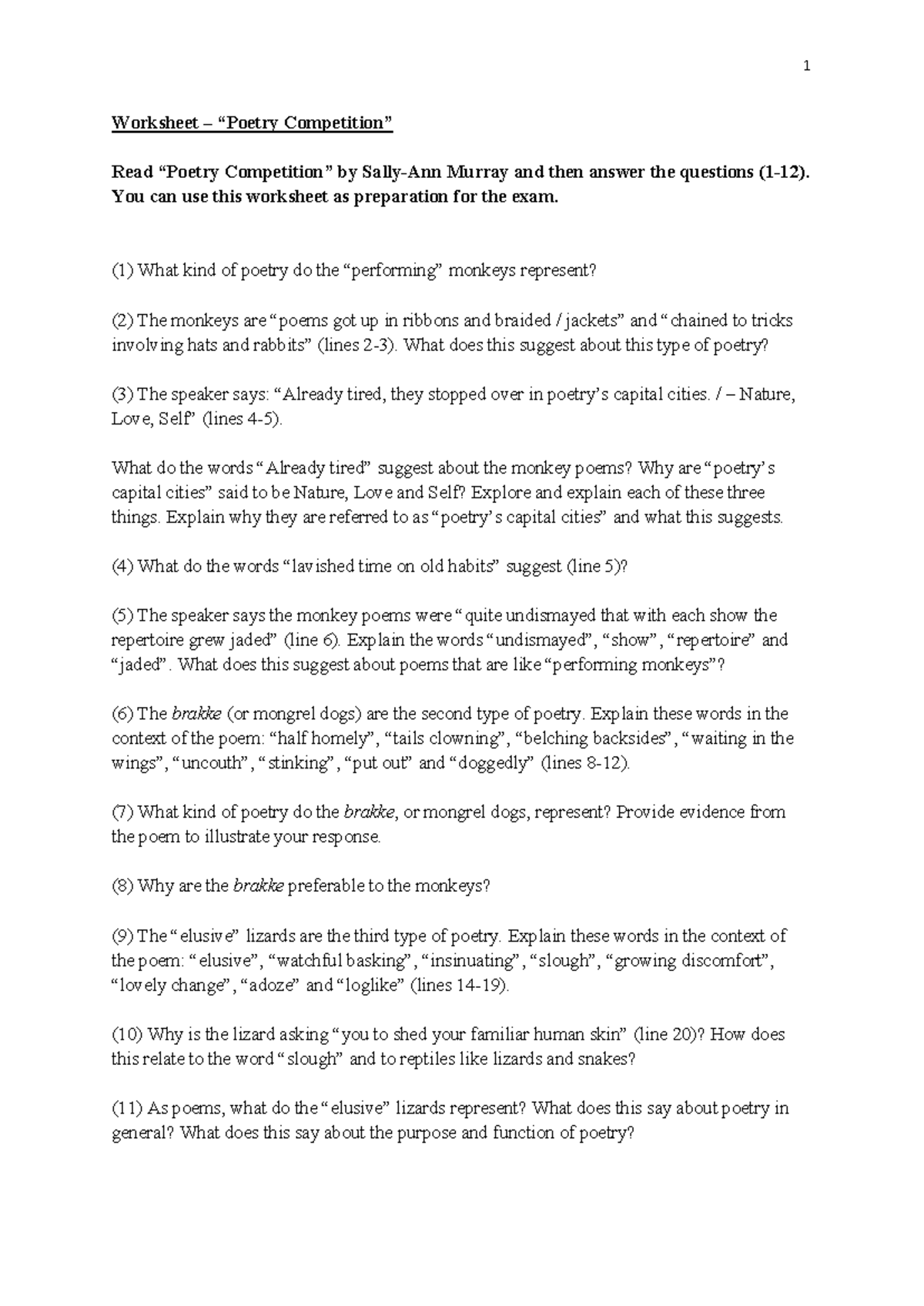 201 Worksheet - Analyzing Poetry Types for Exam Prep - Studocu