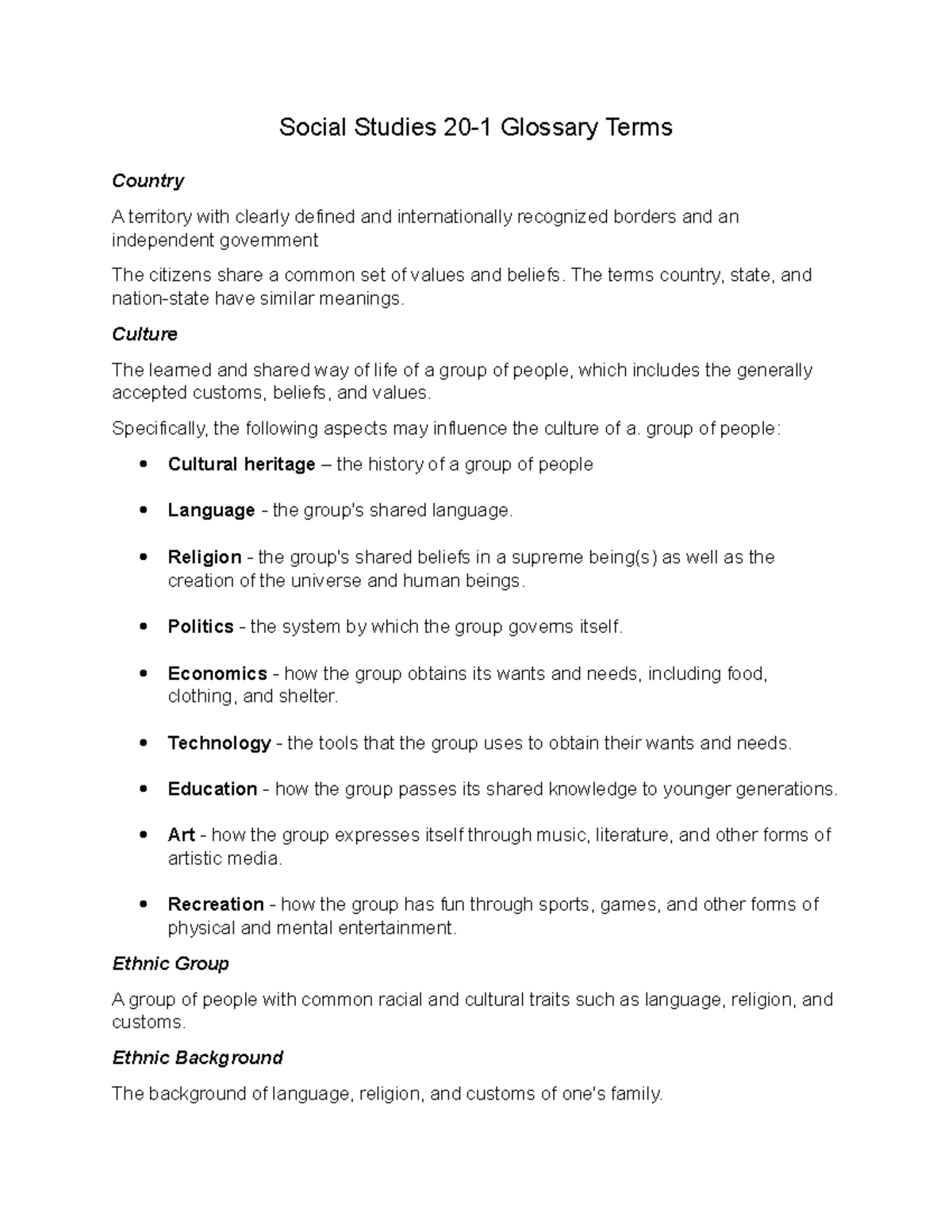 Glossary Terms - Social 20-1 - Social Studies 20-1 Glossary Terms ...