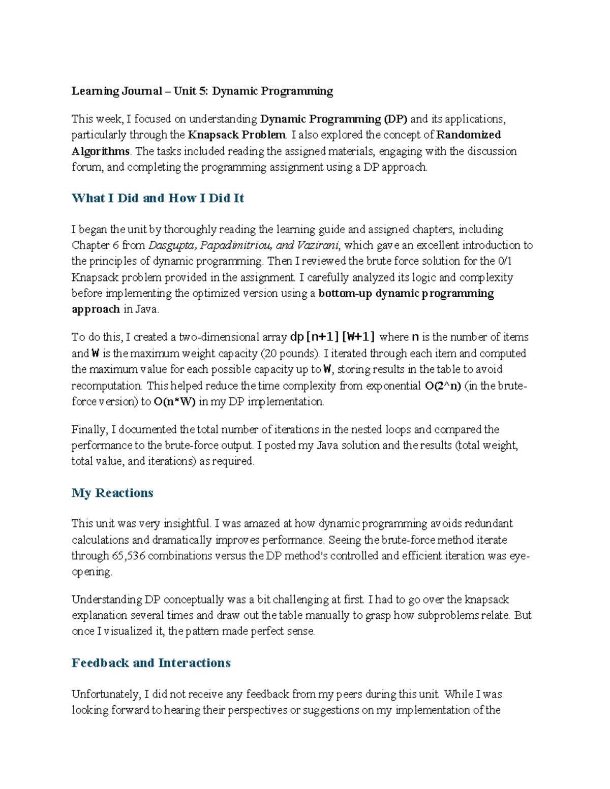 CS 3304 Learning Journal Unit 5: Insights on Dynamic Programming and ...