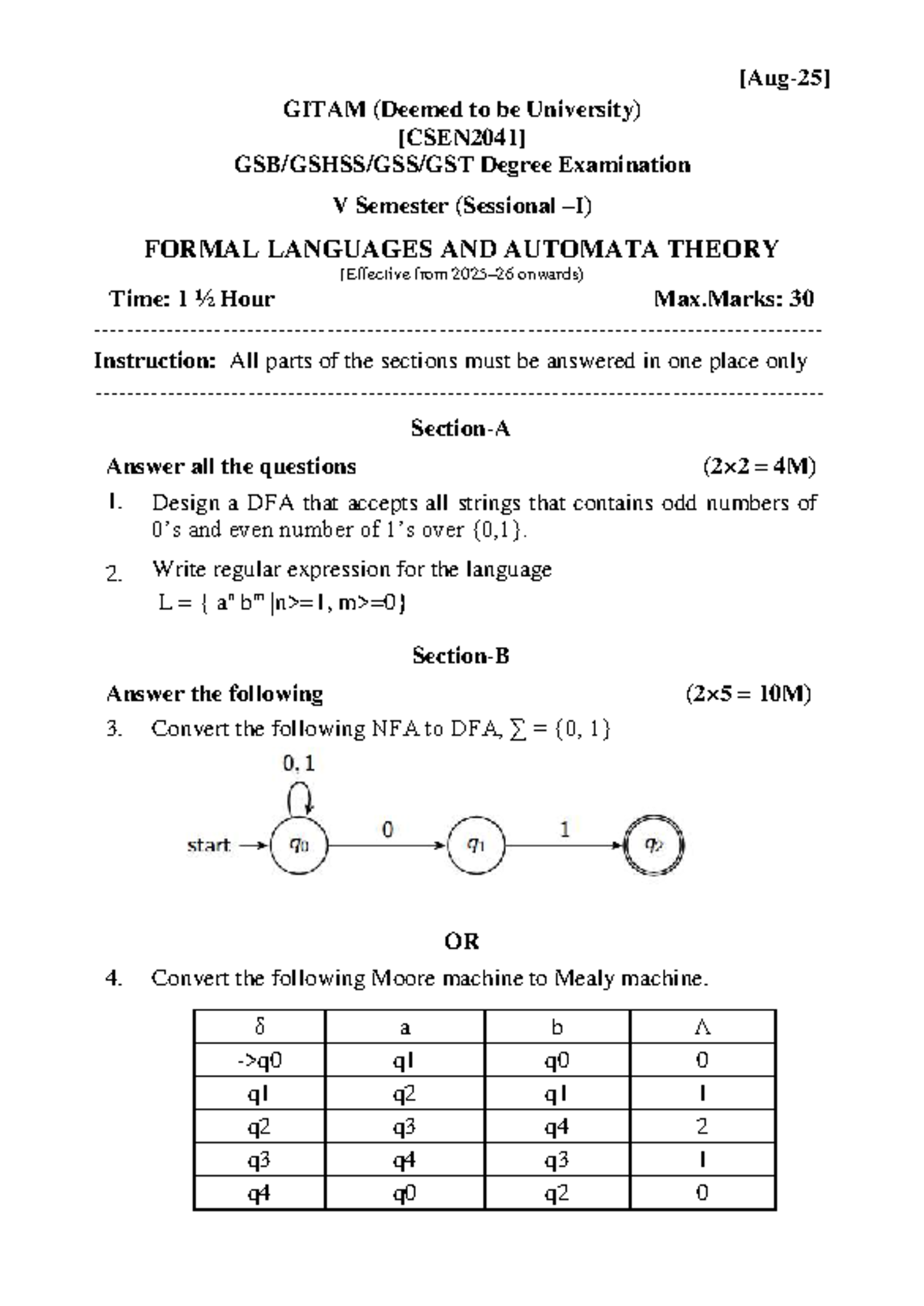 CSEN2041 Formal Languages & Automata Theory Sessional I Exam - Studocu