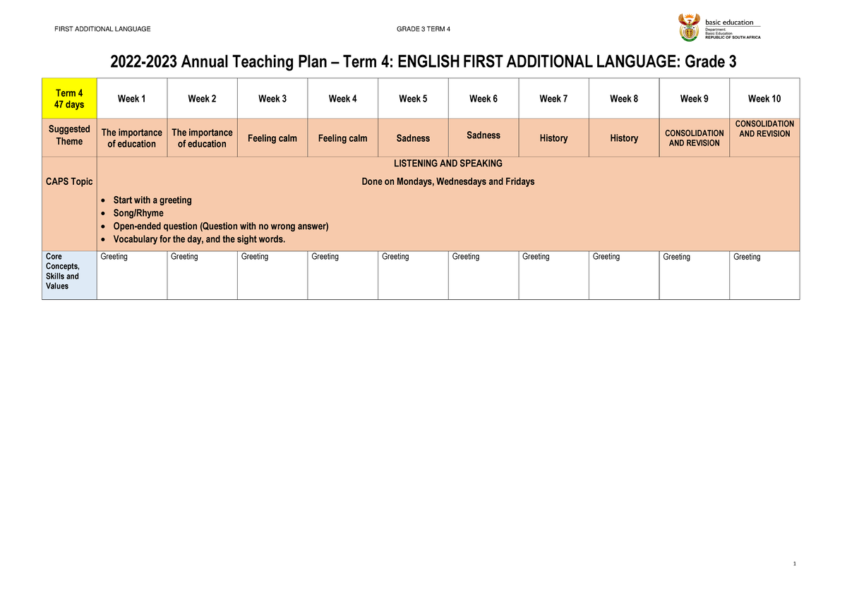 2022 - 2023 ATP Term 4: EFAL for Grade 3 Teaching Plan - Studocu