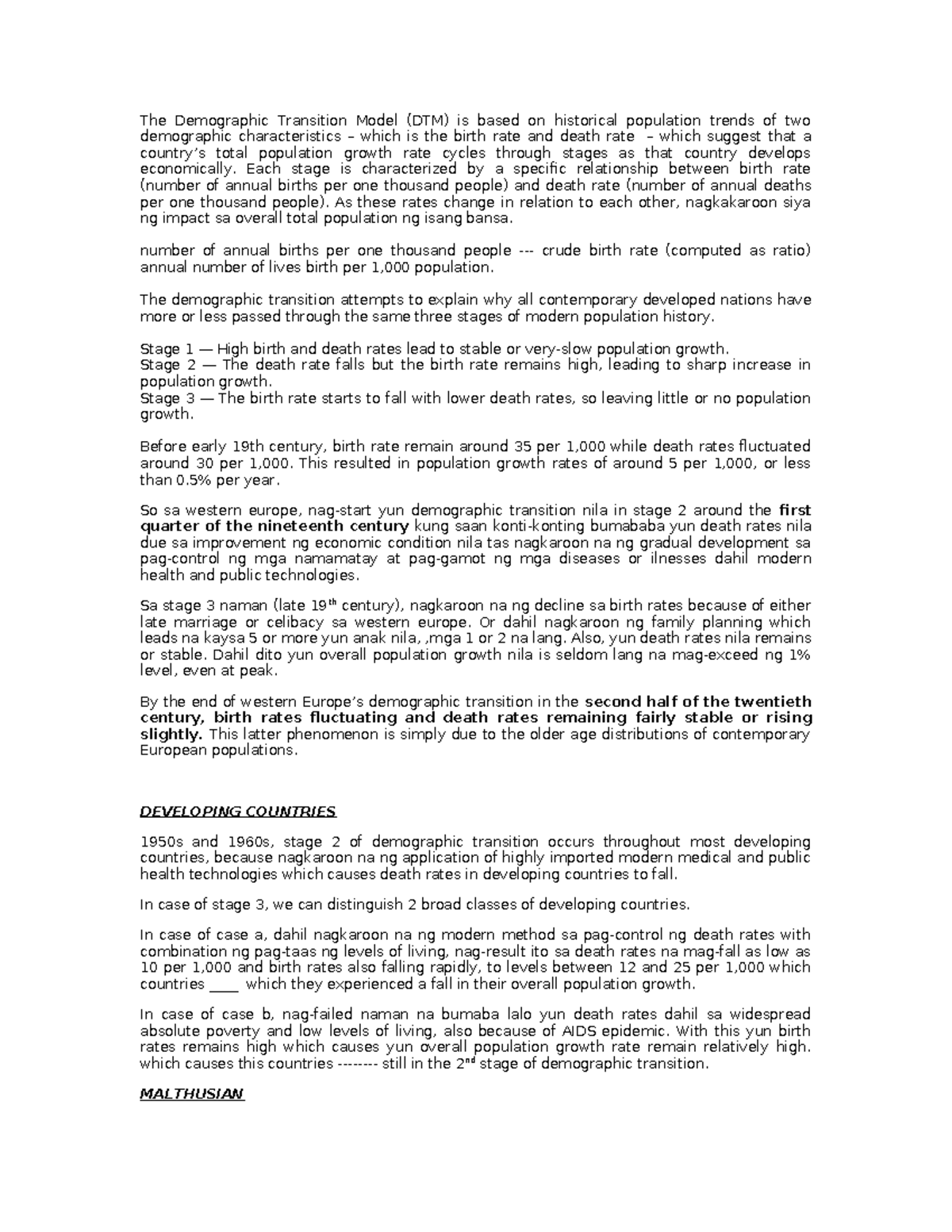 Eco Dev-Reporting Notes - The Demographic Transition Model (DTM) is ...