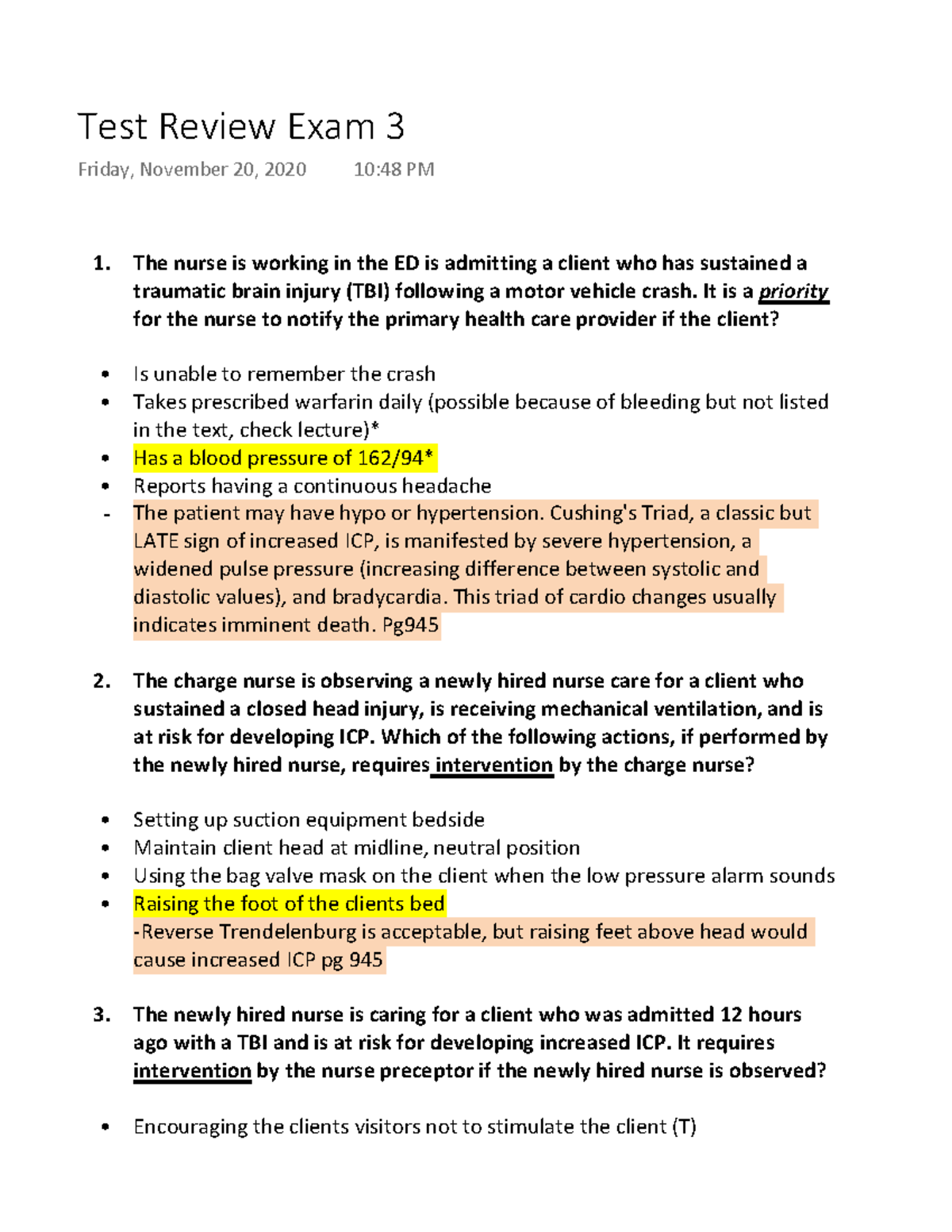 Nursing Exam Review: Test Review Exam 3 - TBI & Emergency Care - Studocu