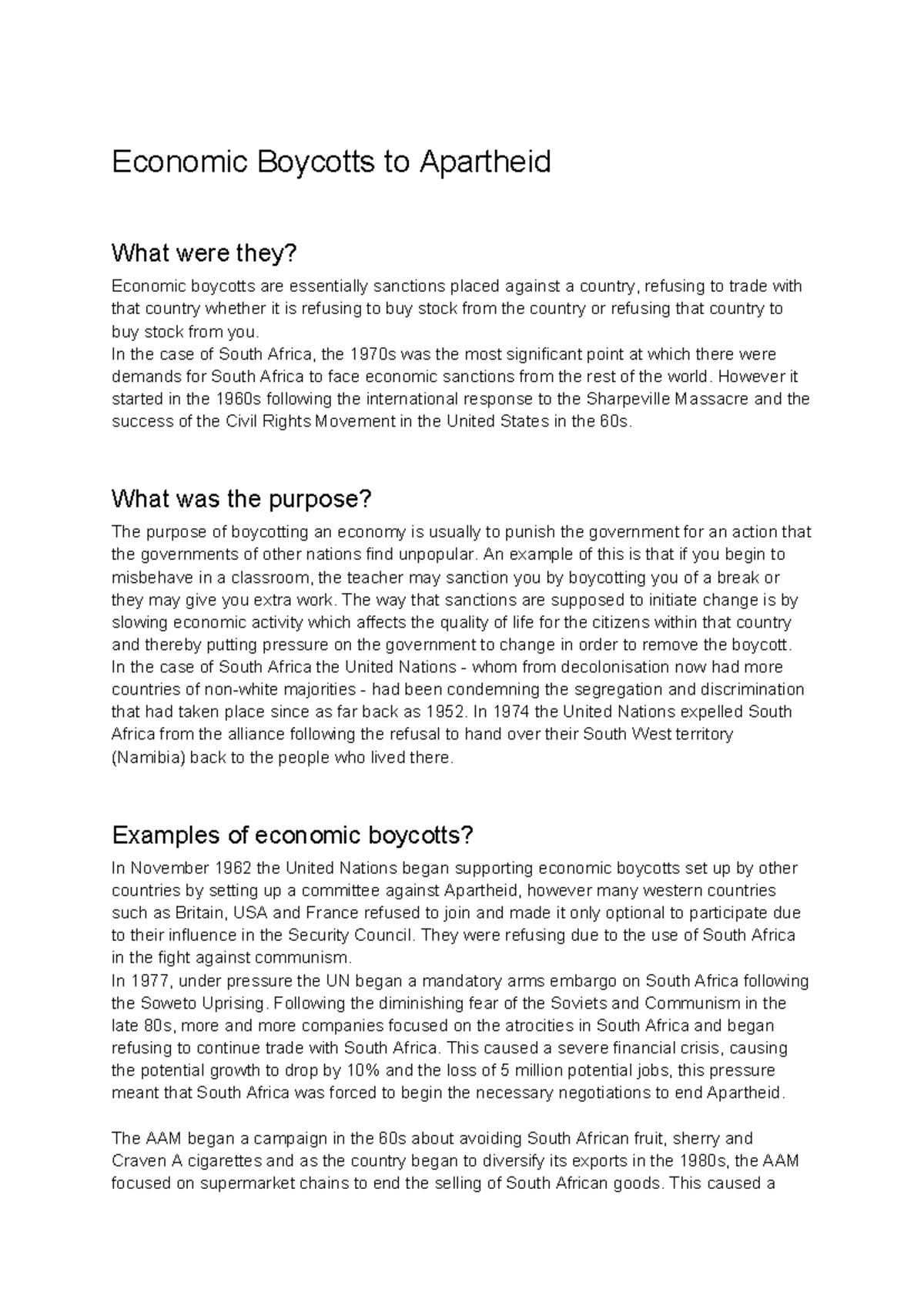 Economic Boycotts Against Apartheid: A Historical Overview - Studocu