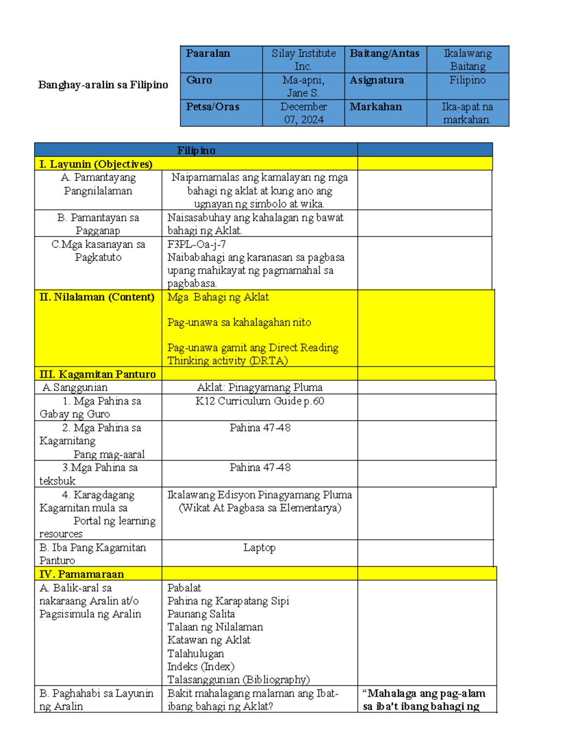DLP-IN - Banghay-aralin sa Filipino - Ikalawang Baitang - Studocu