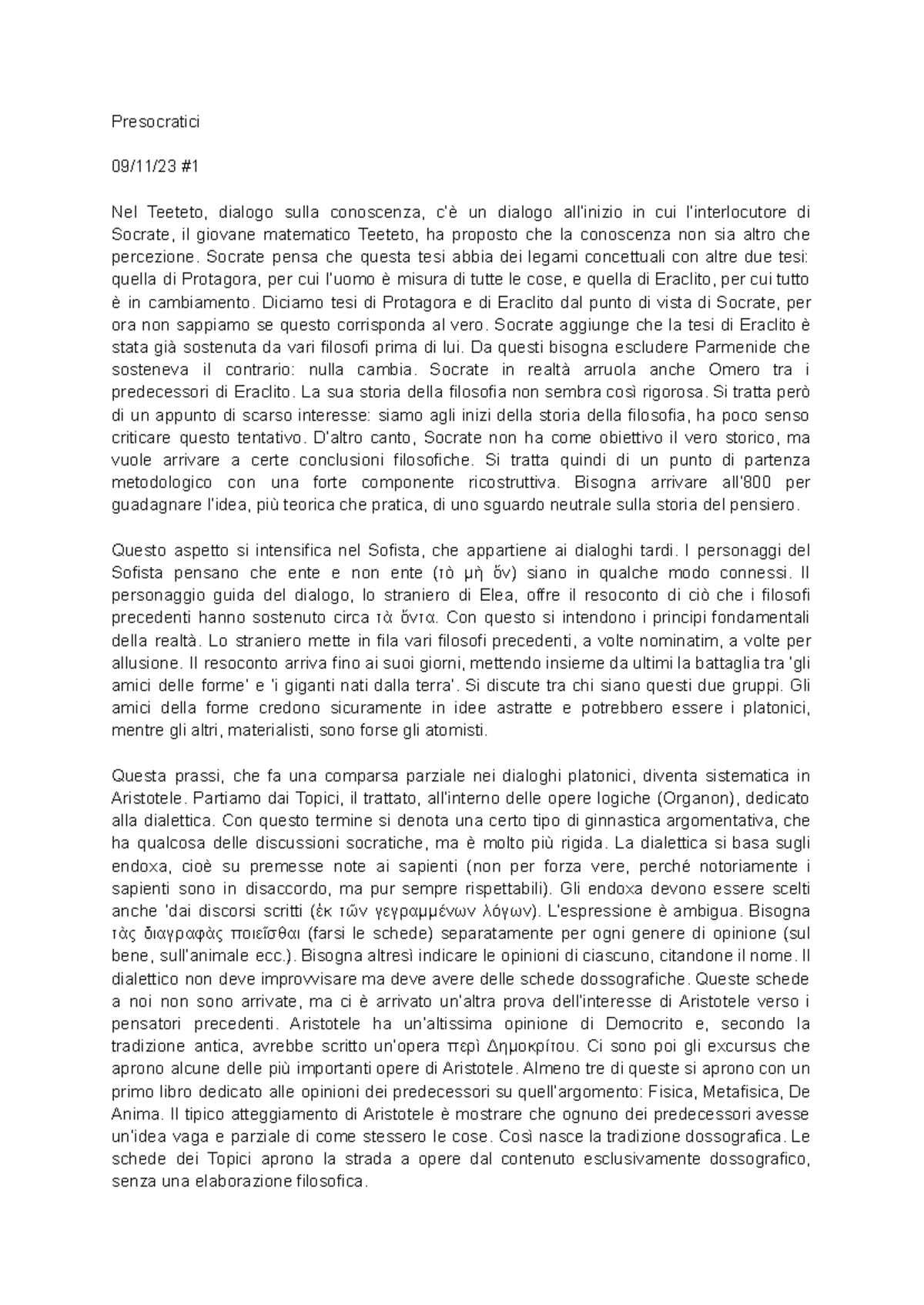 Presocratici: Dialoghi su Conoscenza e Filosofia Antica - Studocu