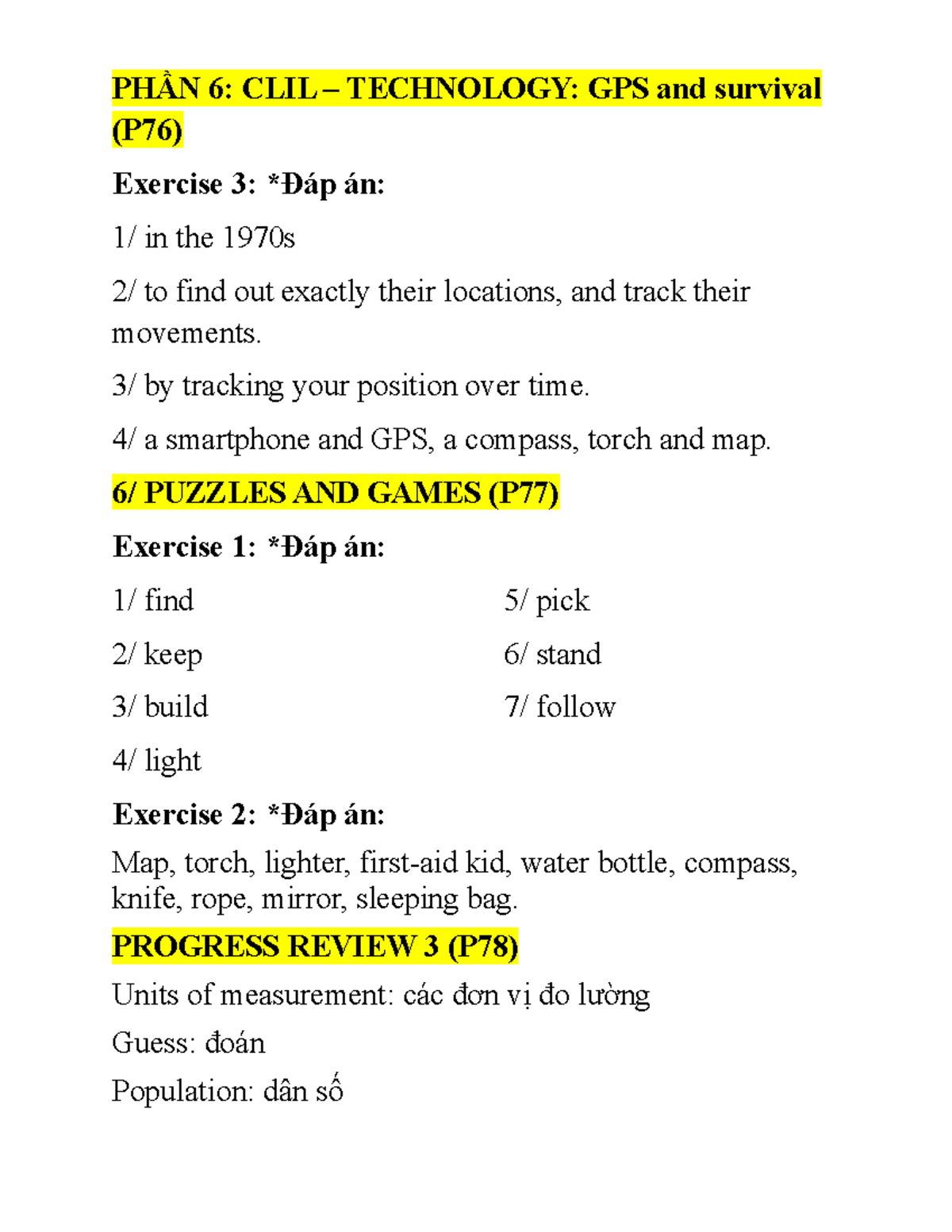 PHẦN 6: CLIL – TECHNOLOGY: GPS and Survival Exercises (P76-P78) - Studocu